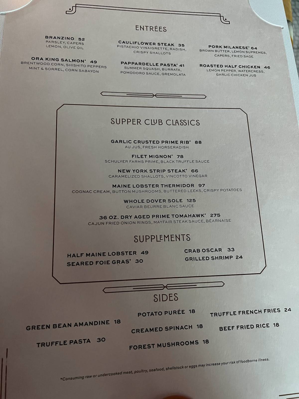 Menu at The Mayfair Supper Club, Las Vegas