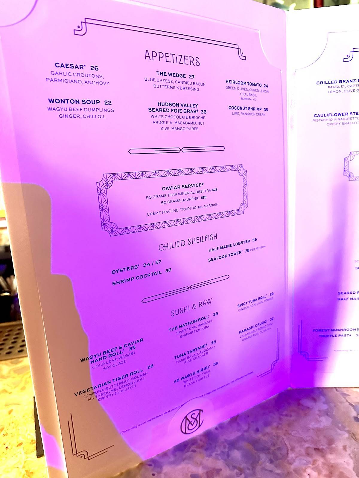 Menu at The Mayfair Supper Club, Las Vegas