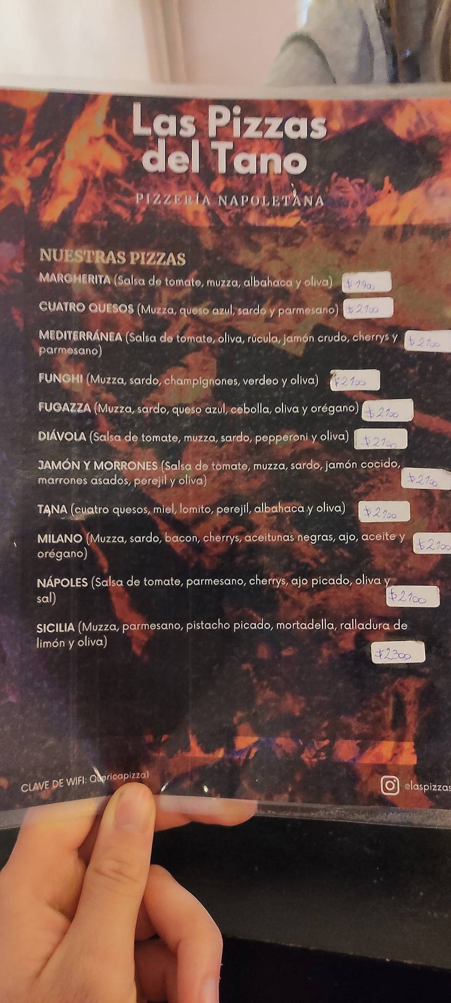 Menu at Las pizzas del Tano restaurant, Tandil