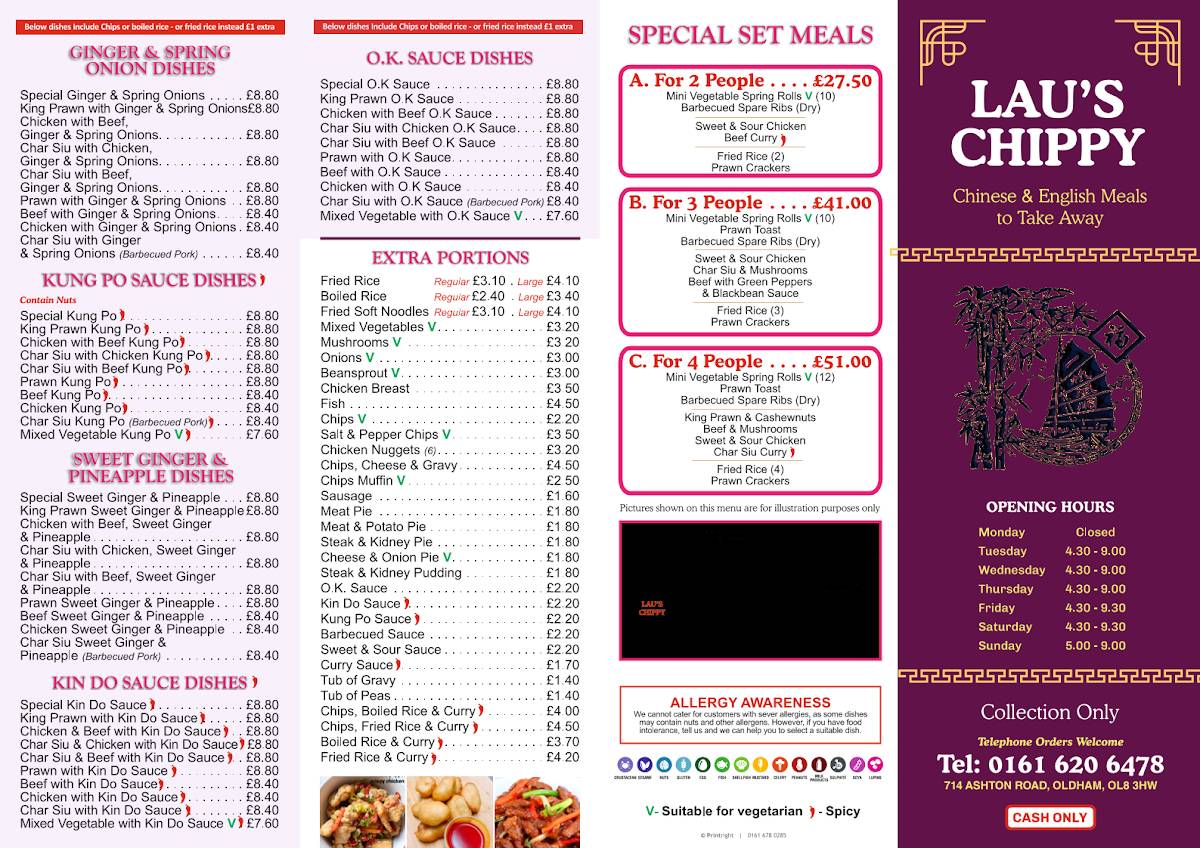 Menu at Lau's Chippy restaurant, Oldham