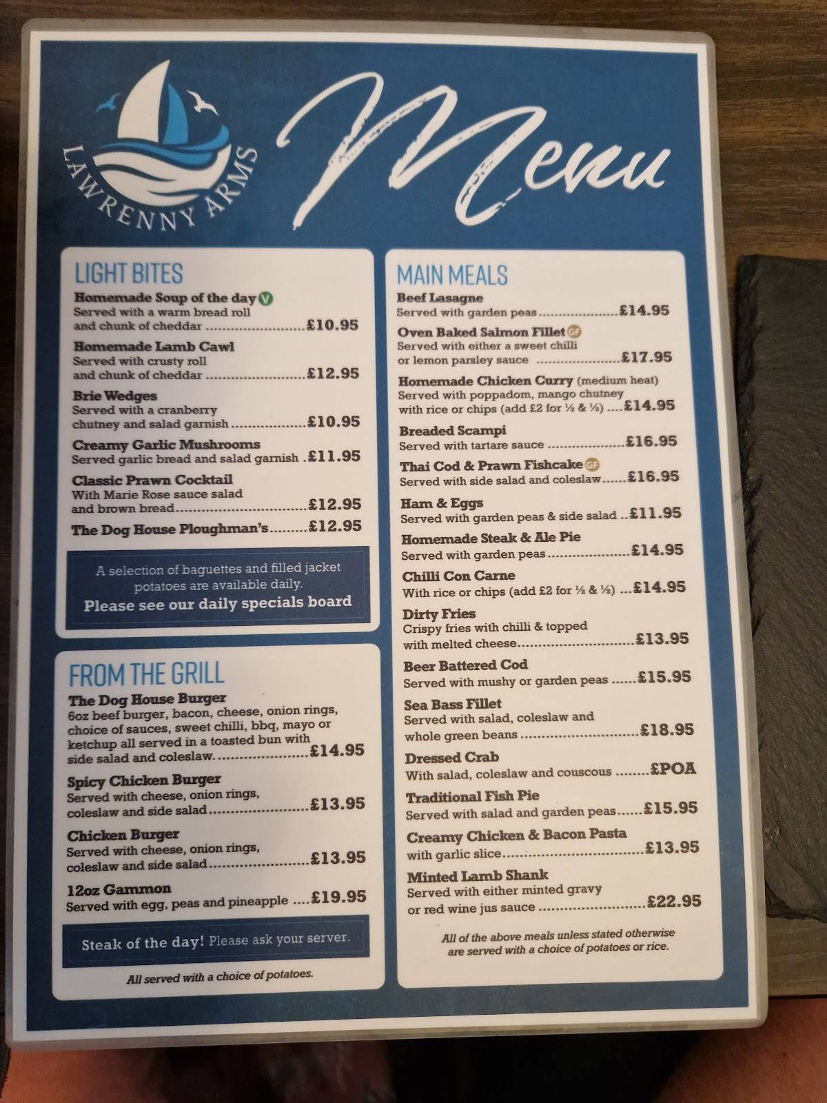 Menu at Lawrenny Arms restaurant, Lawrenny, Lawrenny Road