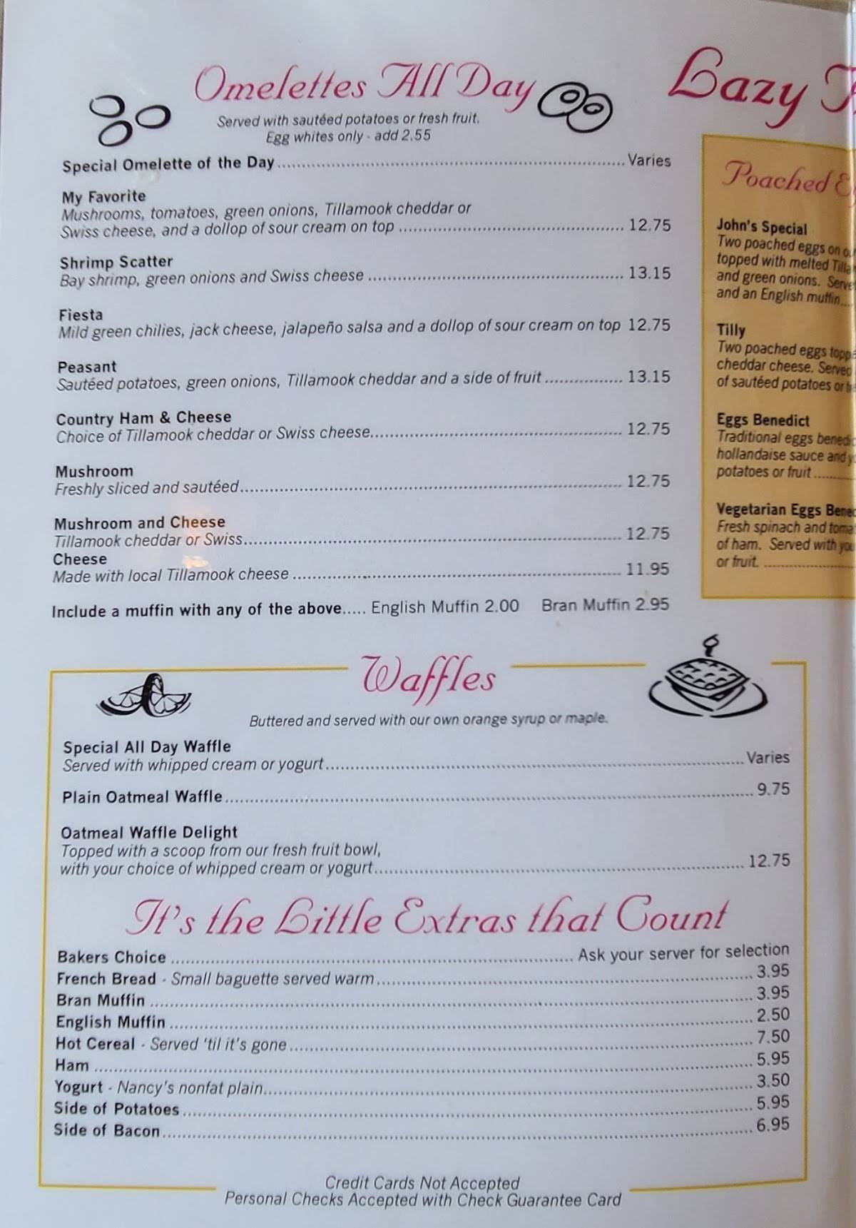 Menu at Lazy Susan Cafe, Cannon Beach