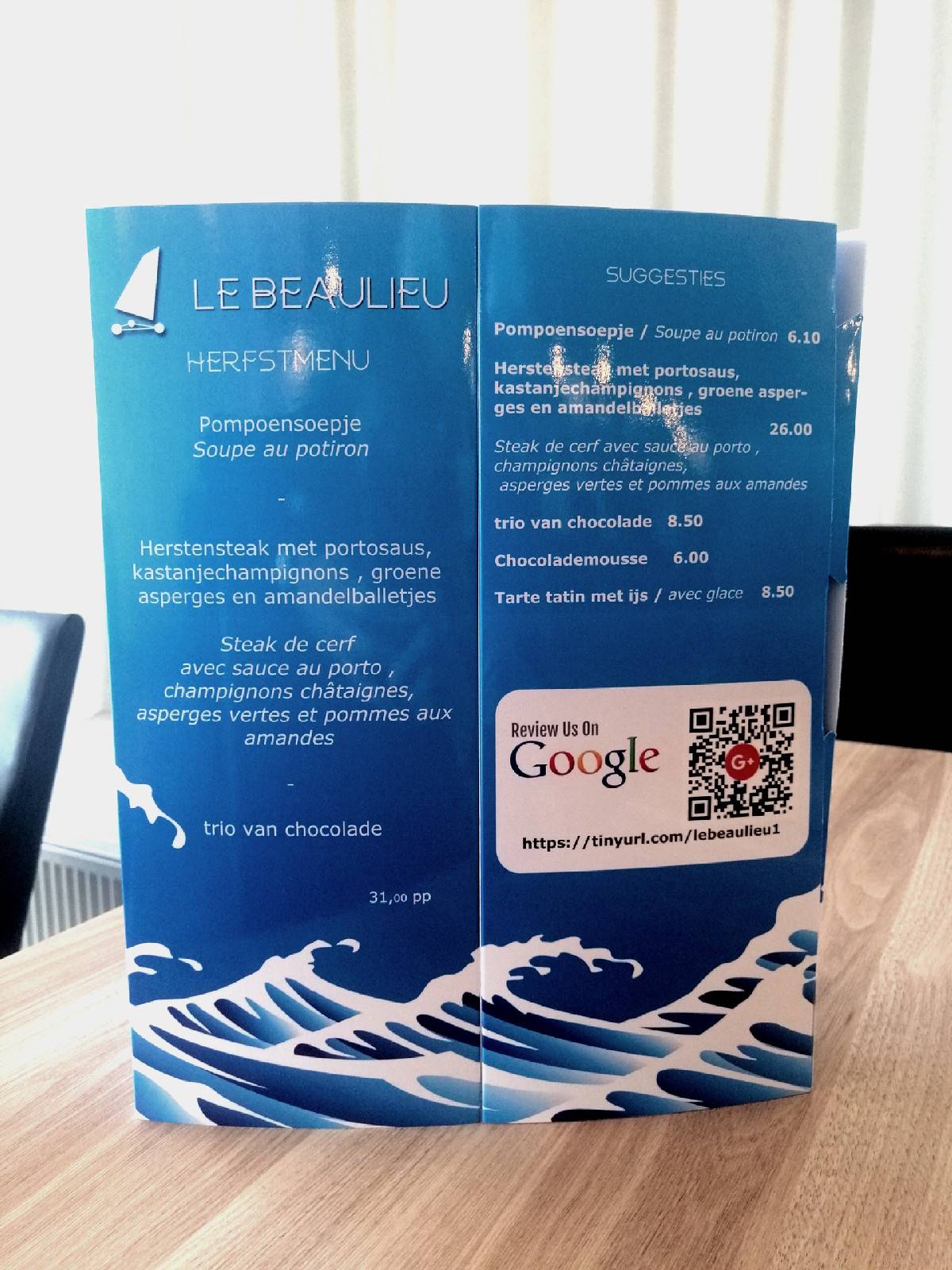 Menu au Le Beaulieu, La Panne