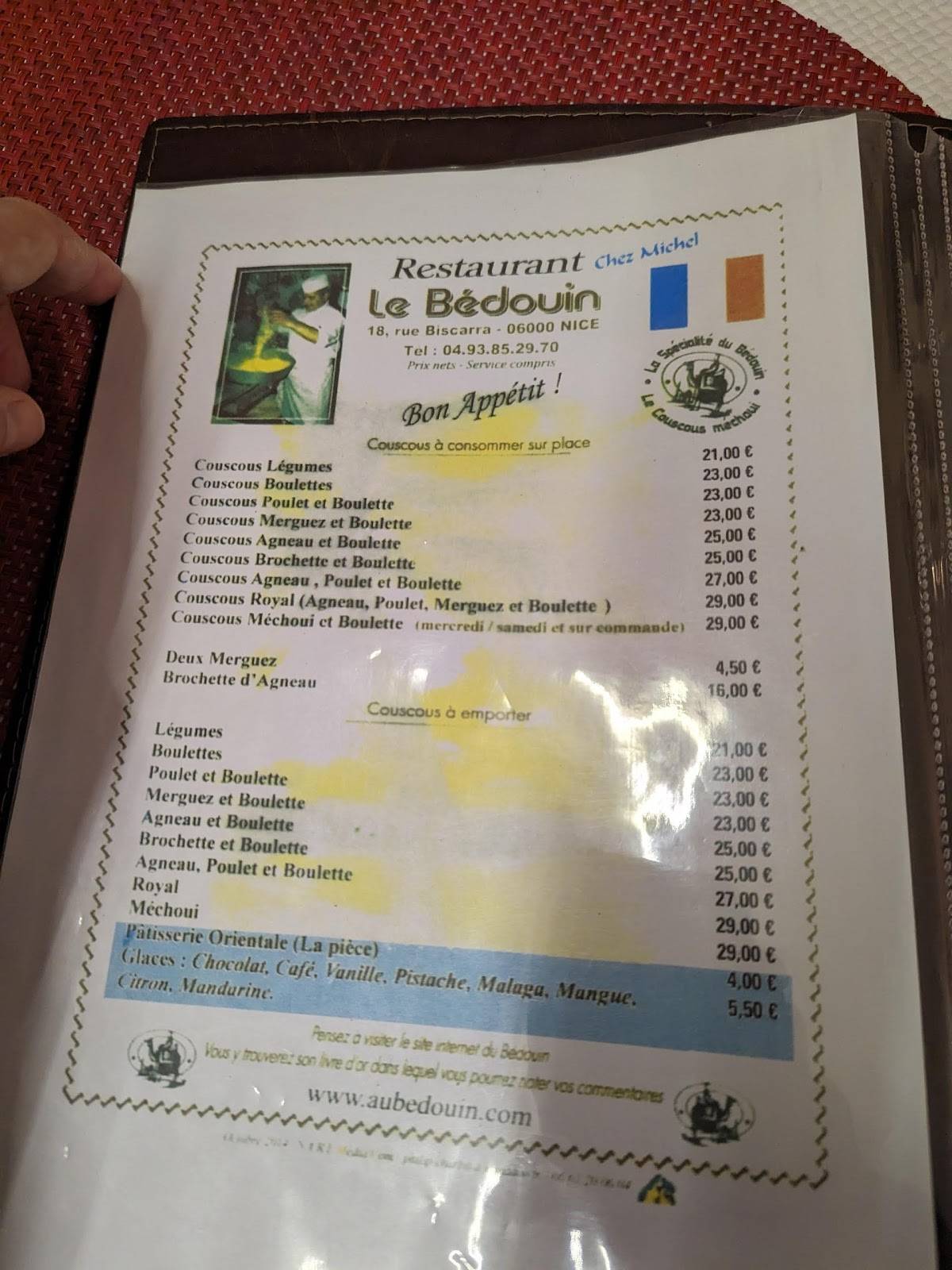 Menu at Le Bédouin chez Michel restaurant, Nice