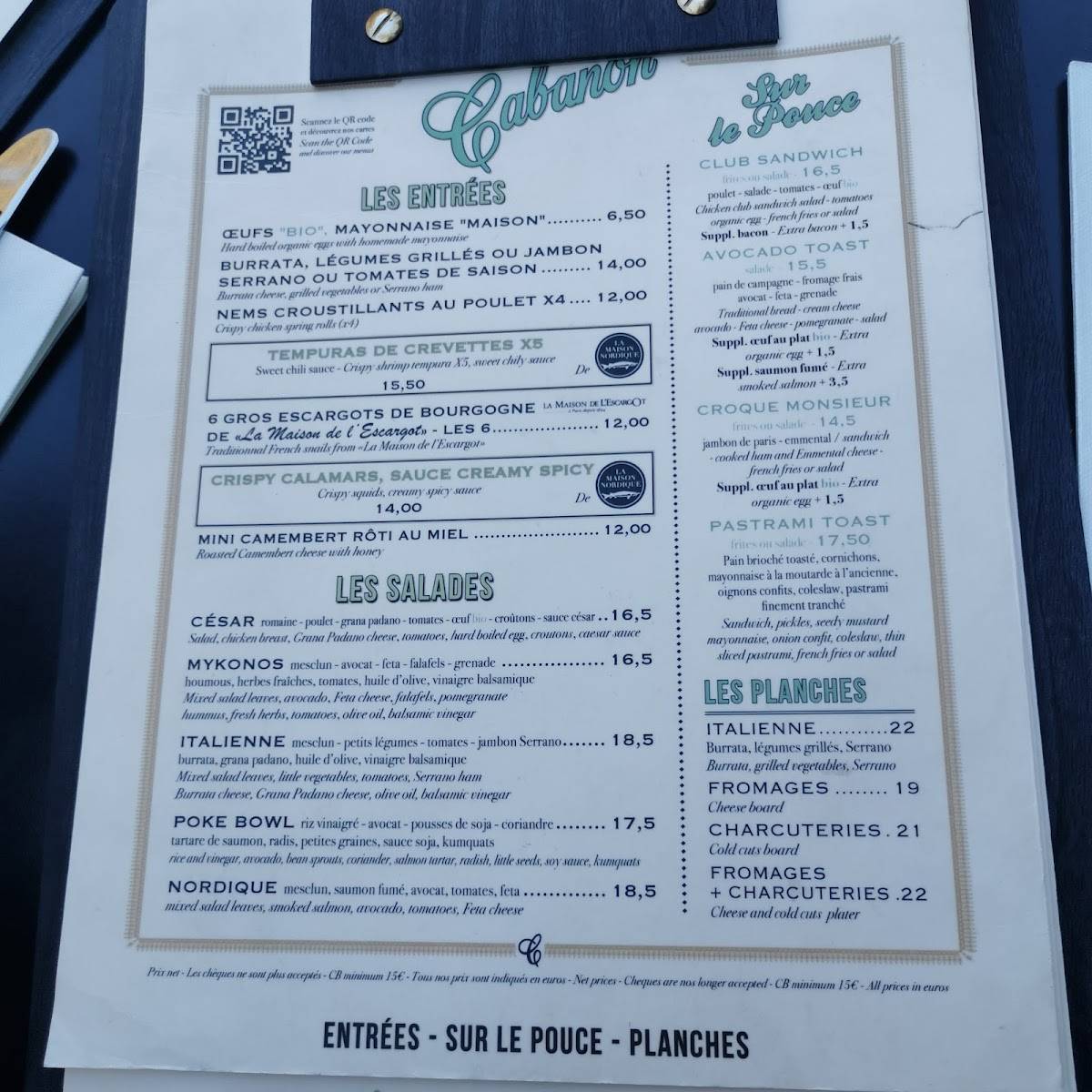 Menu au Le Cabanon restaurant, Paris, 75 Place du Dr Félix Lobligeois