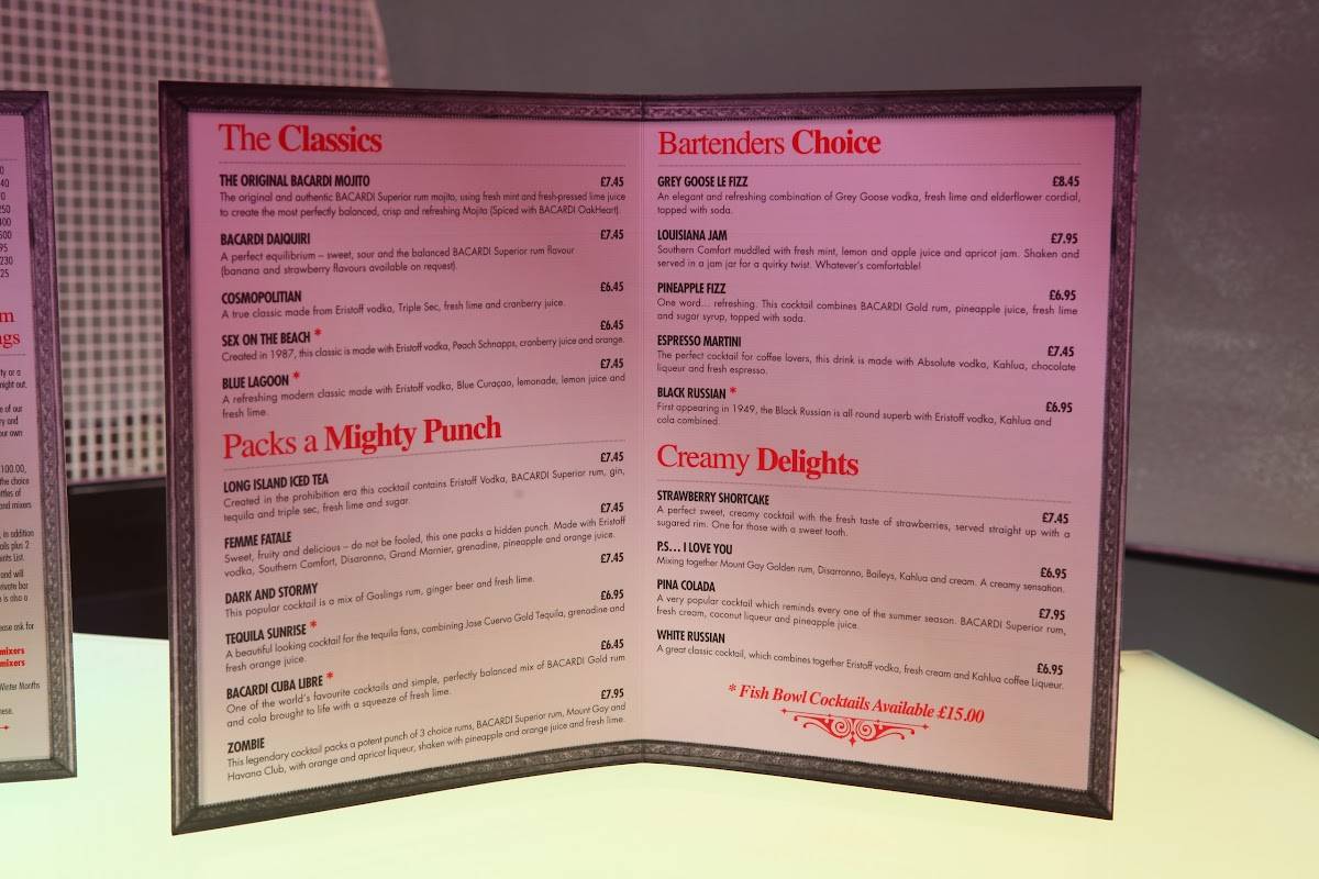 Carta del pub y bar Le Chic, Bournemouth