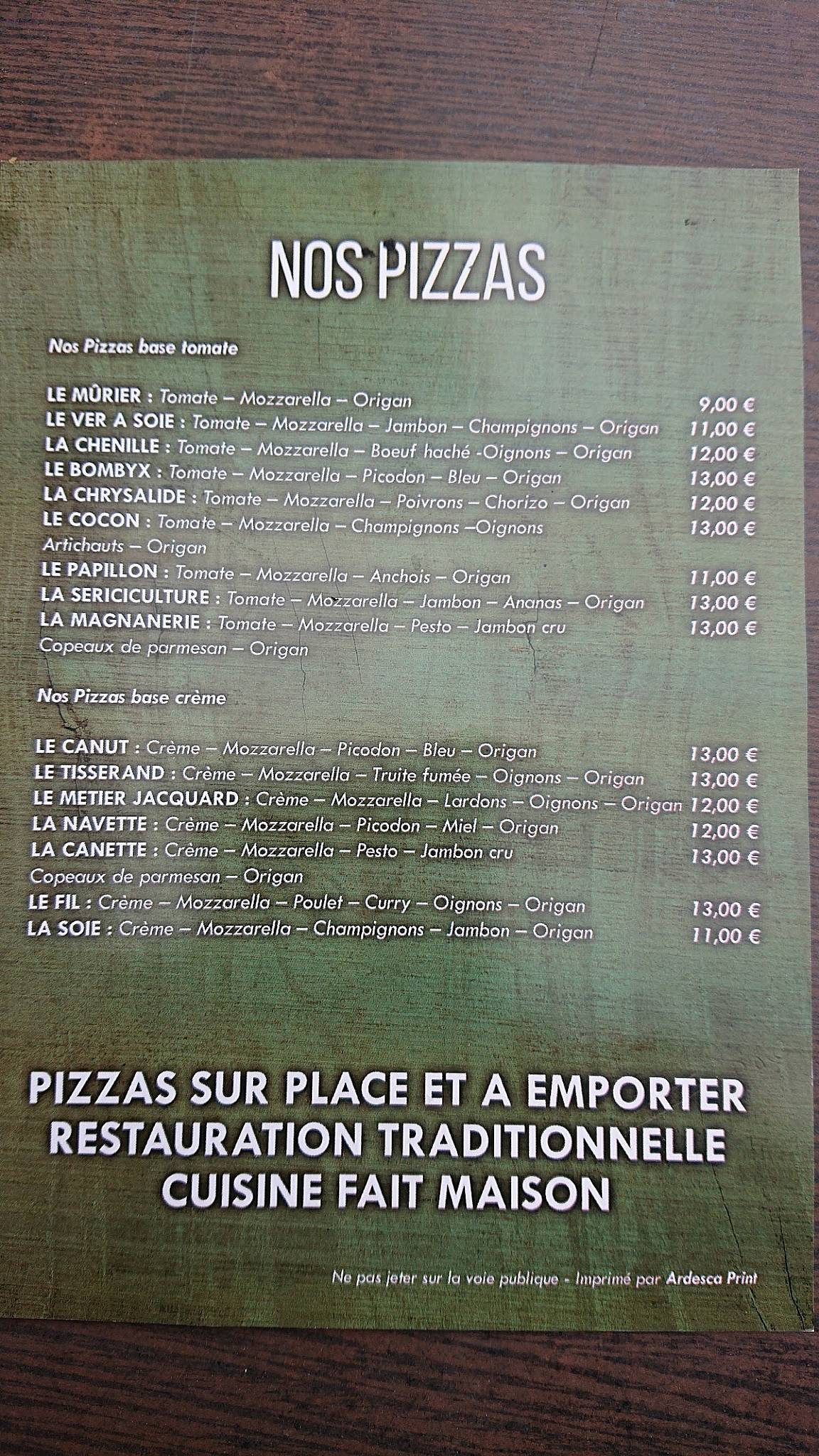 Menu au Le Cocon restaurant, Joyeuse