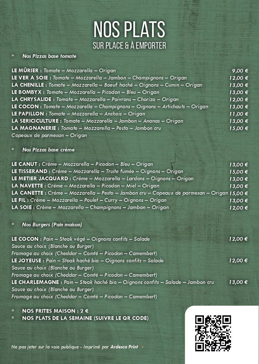 Menu au Le Cocon restaurant, Joyeuse