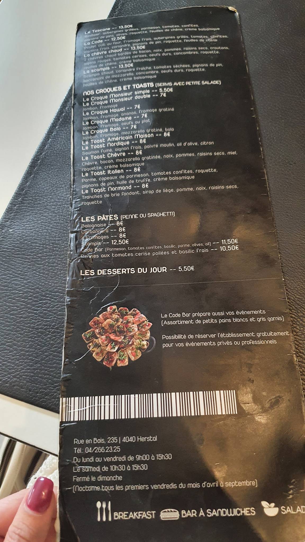 Menu au Le Code Bar, Herstal