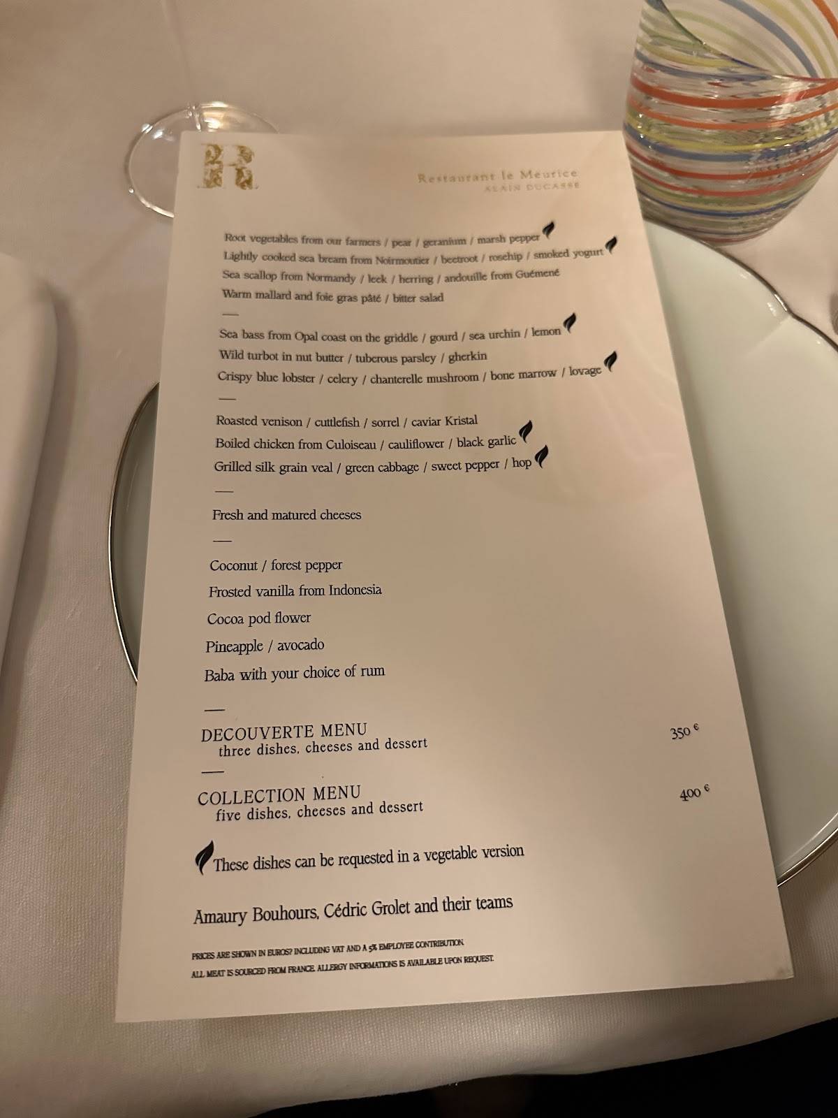 Menu au Restaurant Le Meurice Alain Ducasse, Paris, 228 Rue de Rivoli