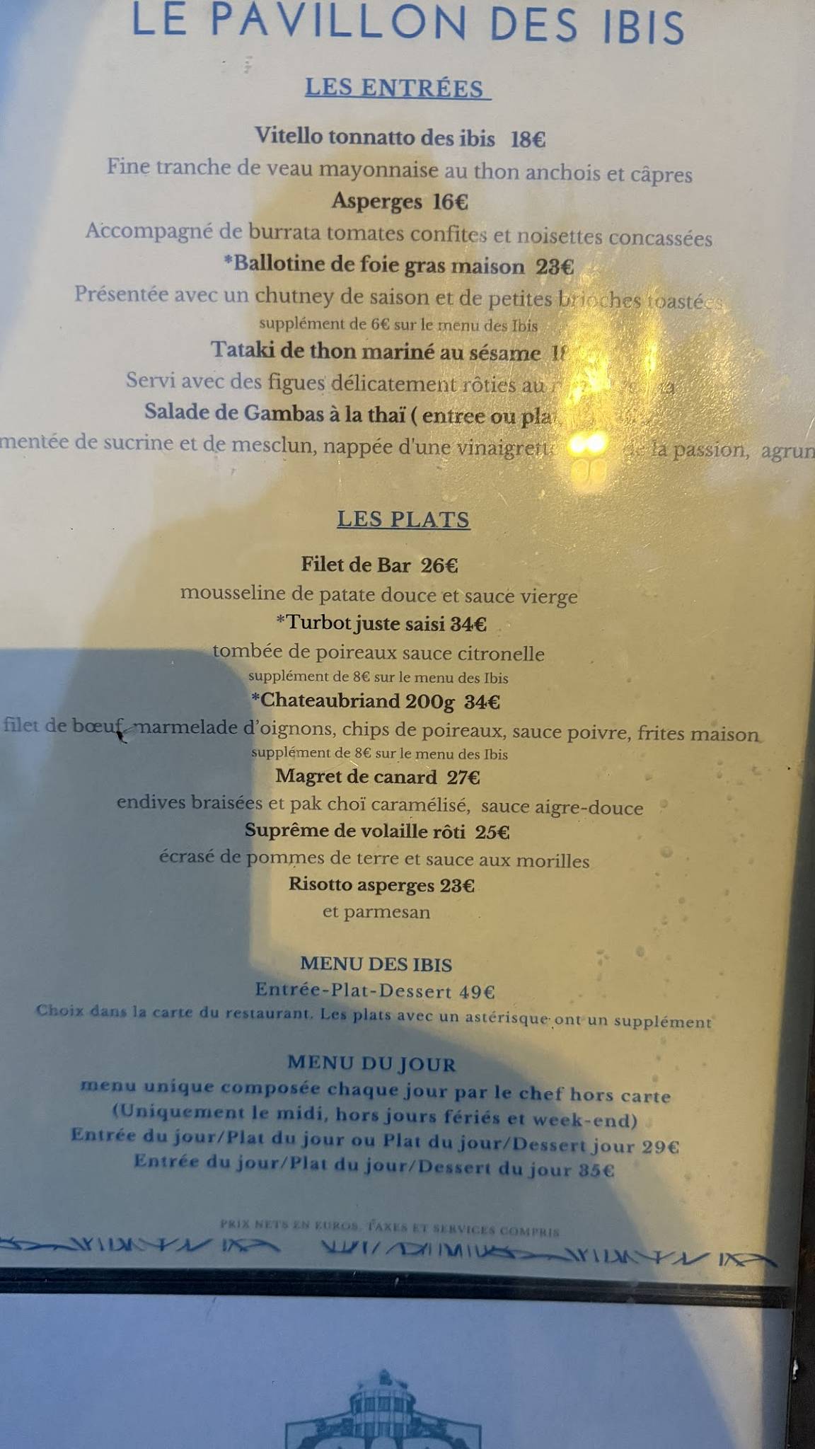 Menu au Pavillon des Ibis restaurant, Le Vésinet