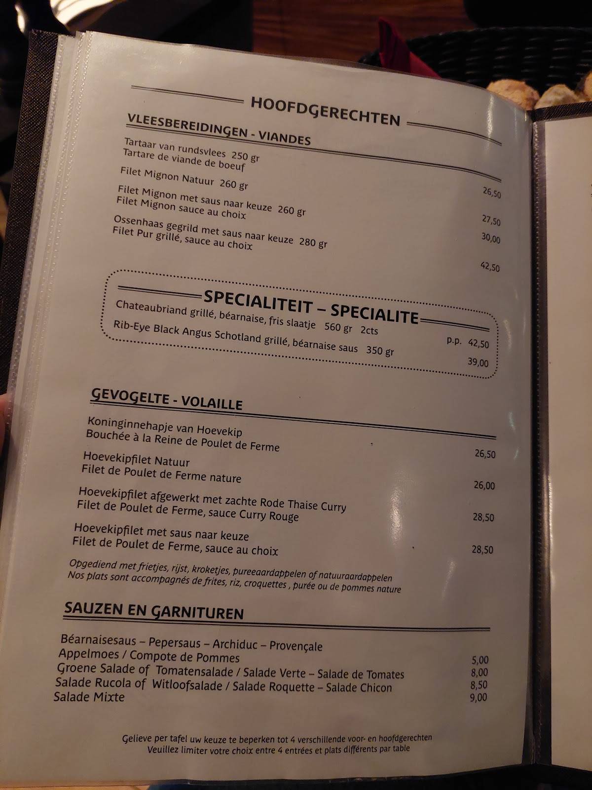 Menu at Le Phare, Knokke-Heist