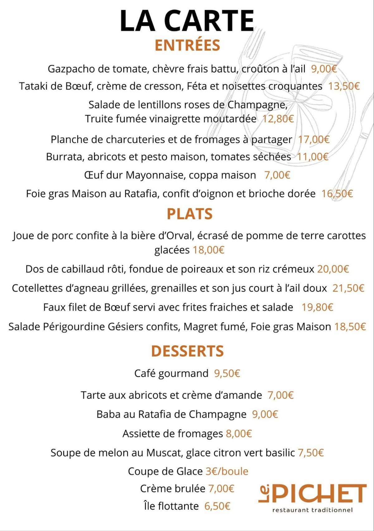Menu au Le Pichet restaurant, Les Ayvelles
