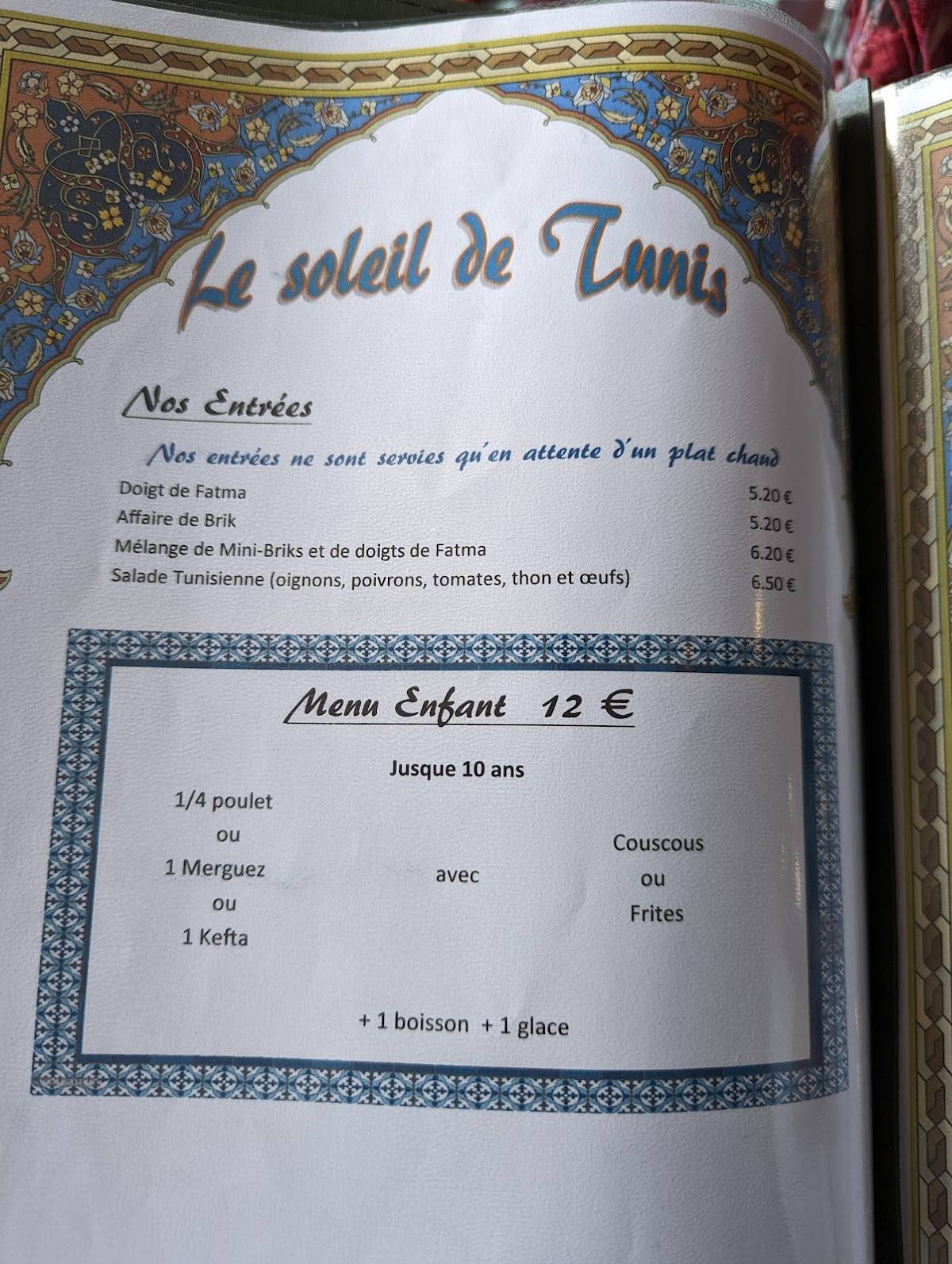 Menu au Le Soleil De Tunis restaurant, Douai