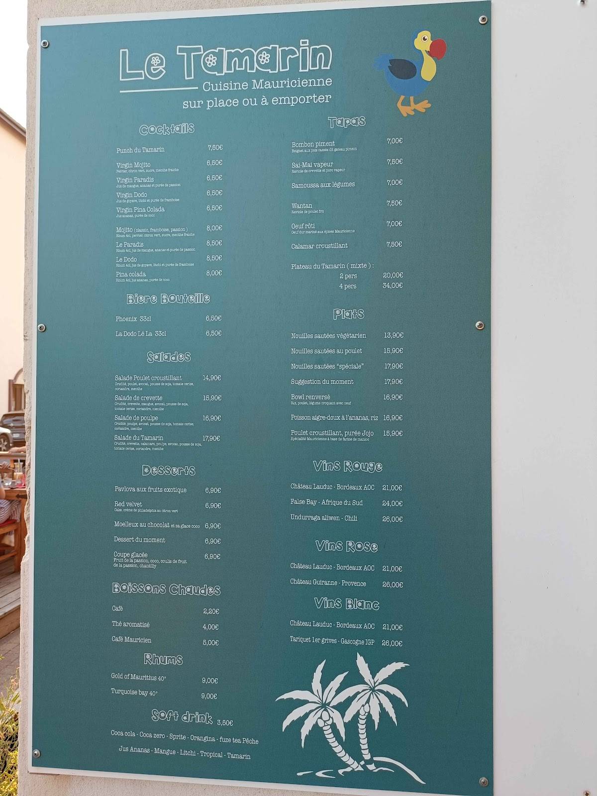Menu au Le Tamarin Lacanau Plage restaurant, Lacanau, 1 Bis Rue Jules Ferry