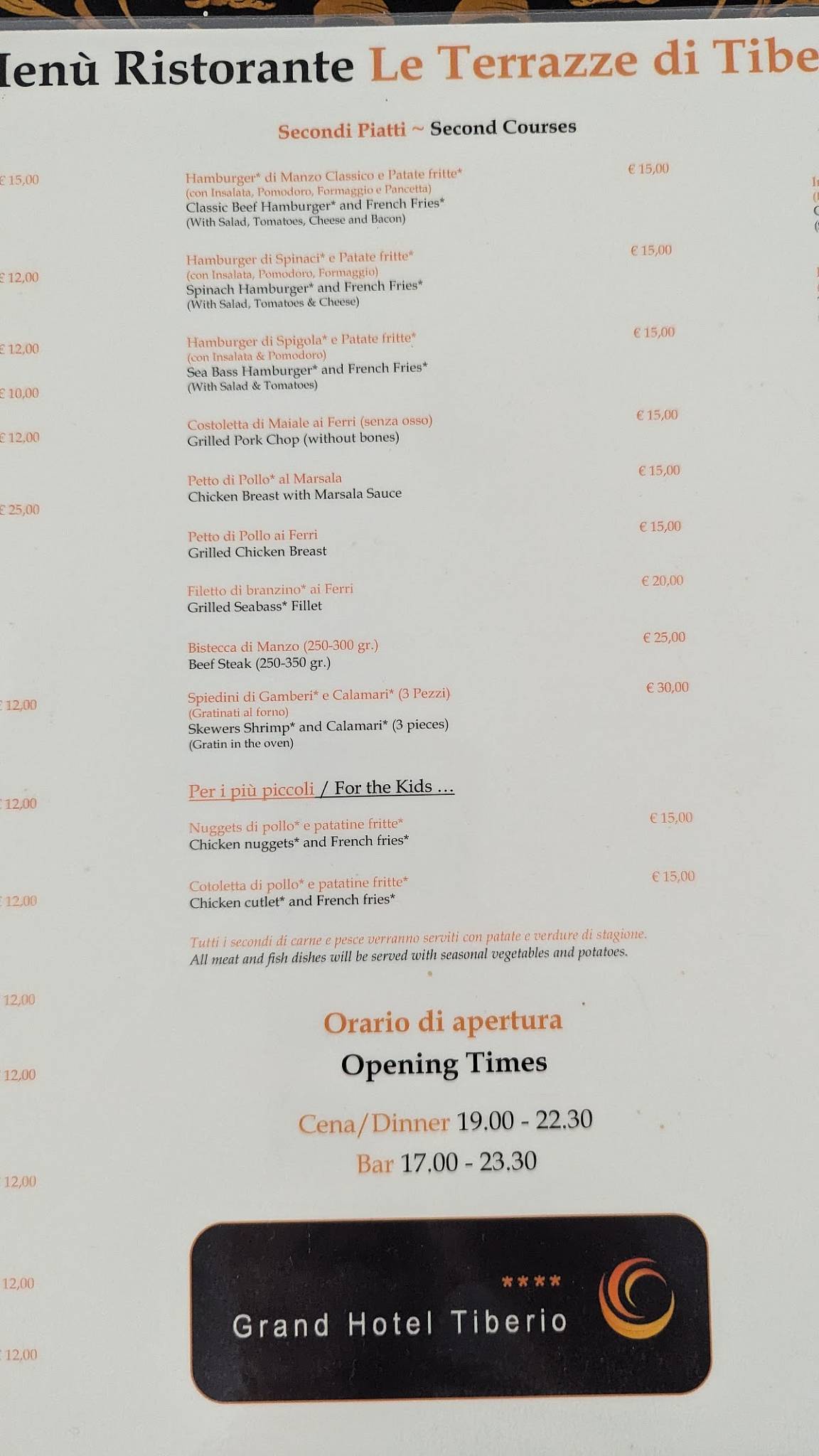 Menu at Le Terrazze di Tiberio restaurant, Rome