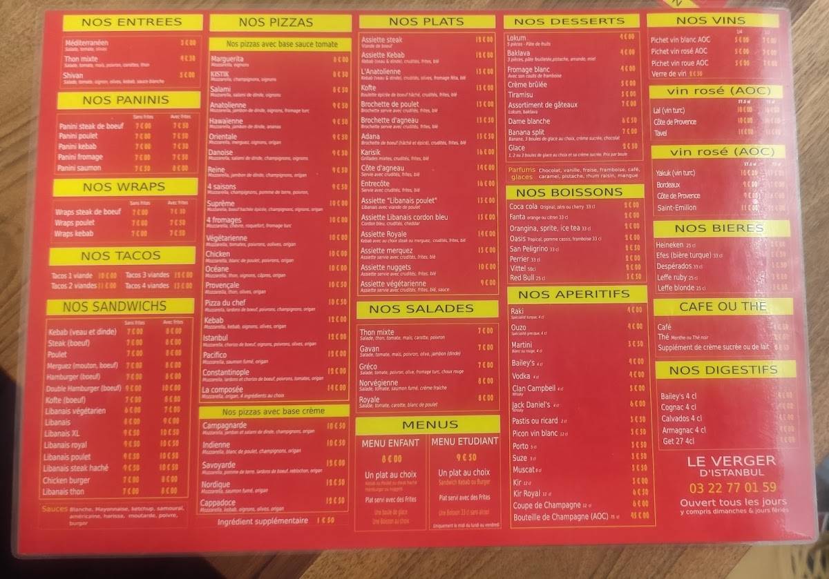 Menu au Le Verger d'Istanbul restaurant, Doullens