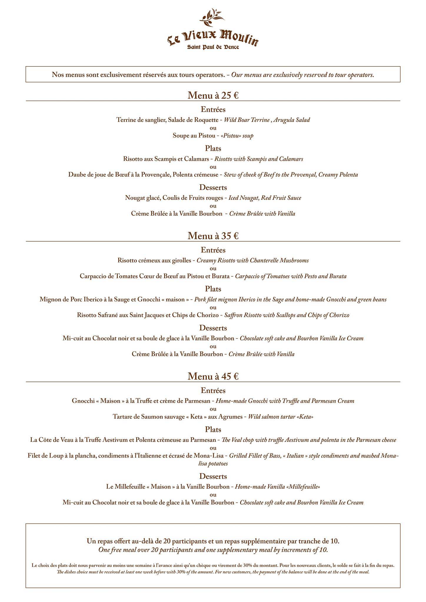 Menu at Le Vieux Moulin restaurant, Saint Paul de Vence, 10 Rte de Vence