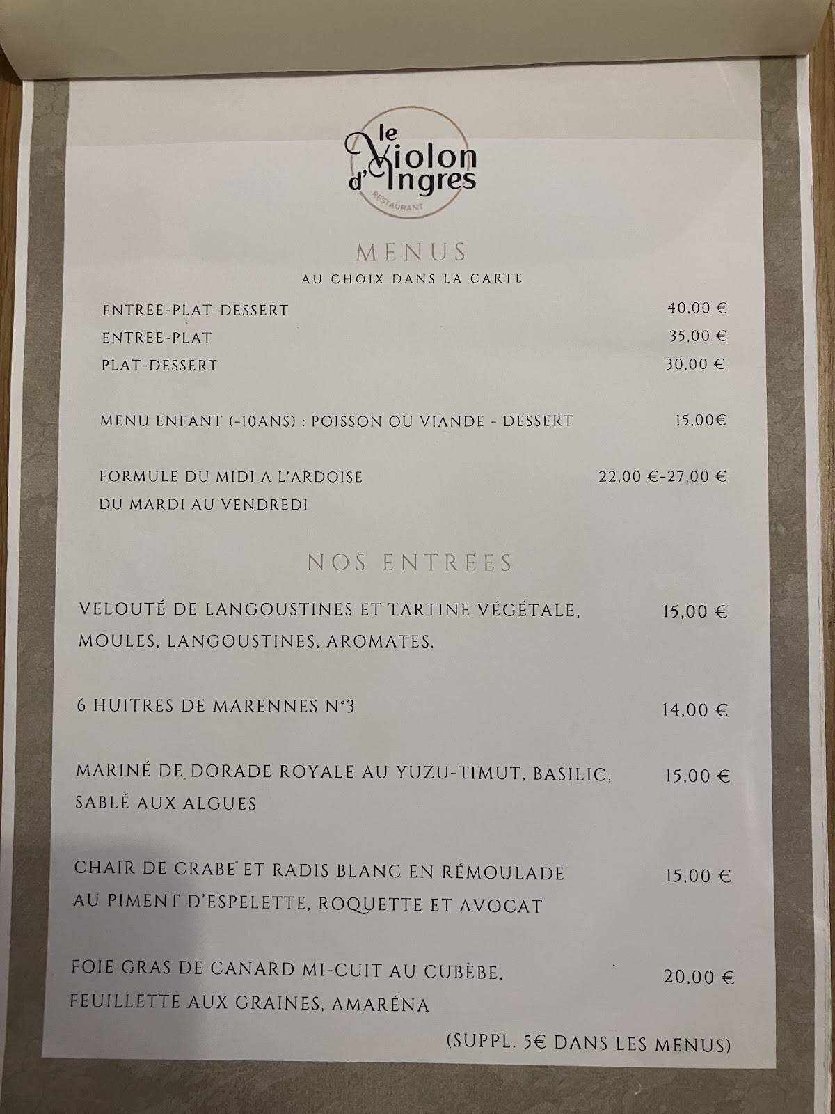 Menu au Le Violon D'Ingres restaurant, Rochefort