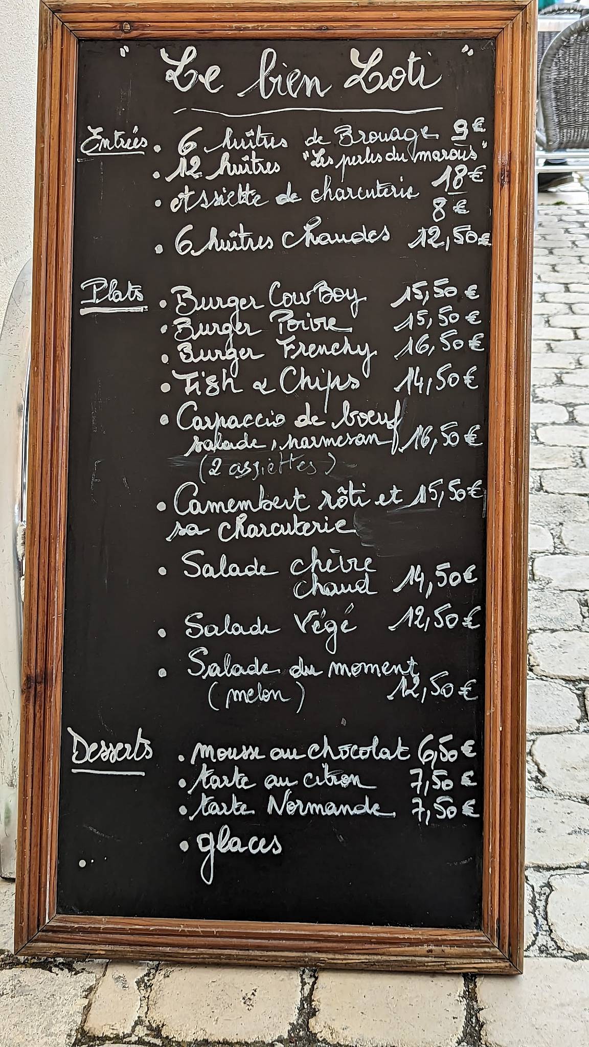 Menu au Le bien Loti restaurant, Hiers-Brouage
