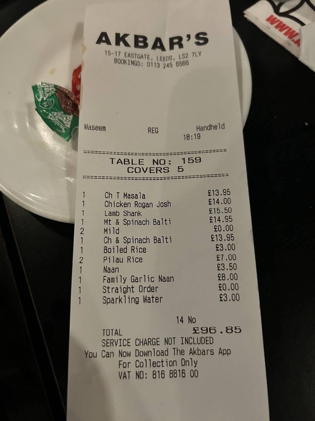 Menu at Akbar's Restaurant, Leeds, 15 Eastgate