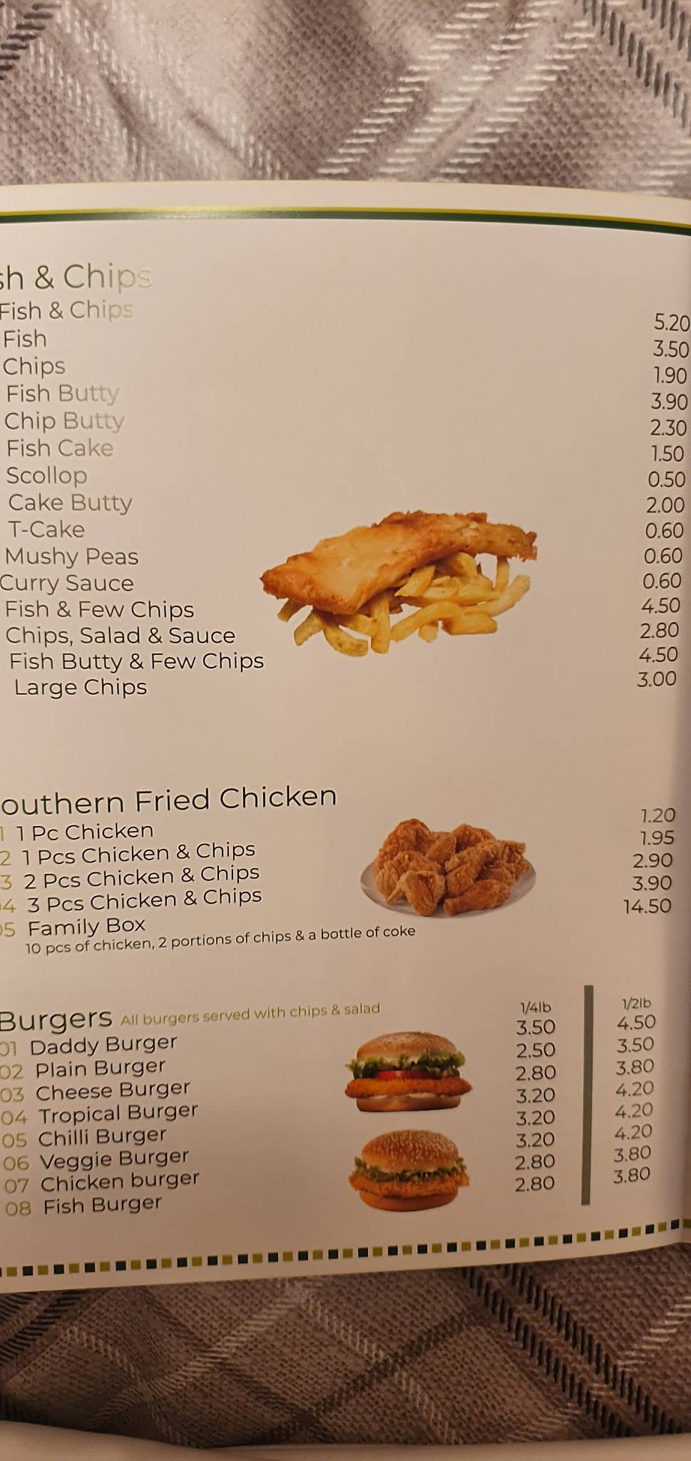 Menu at Leeds Road Fisheries fast food, Bradford, 802-804 Leeds Rd