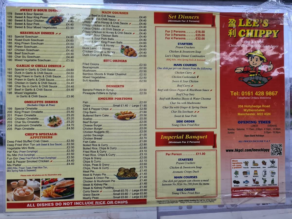 Menu at Lee's Chippy fast food, Manchester