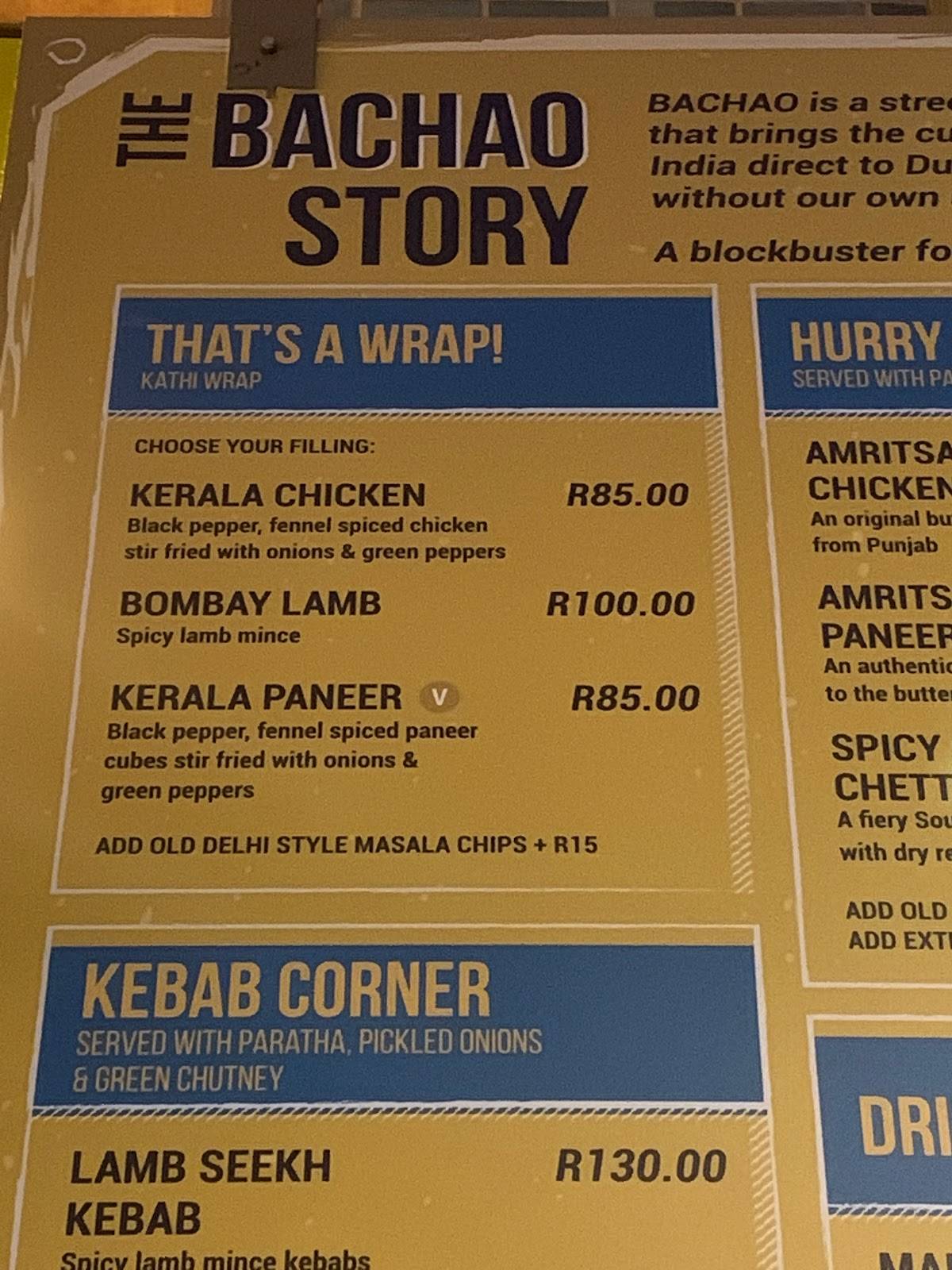 Menu at Legacy Yard restaurant, Umhlanga