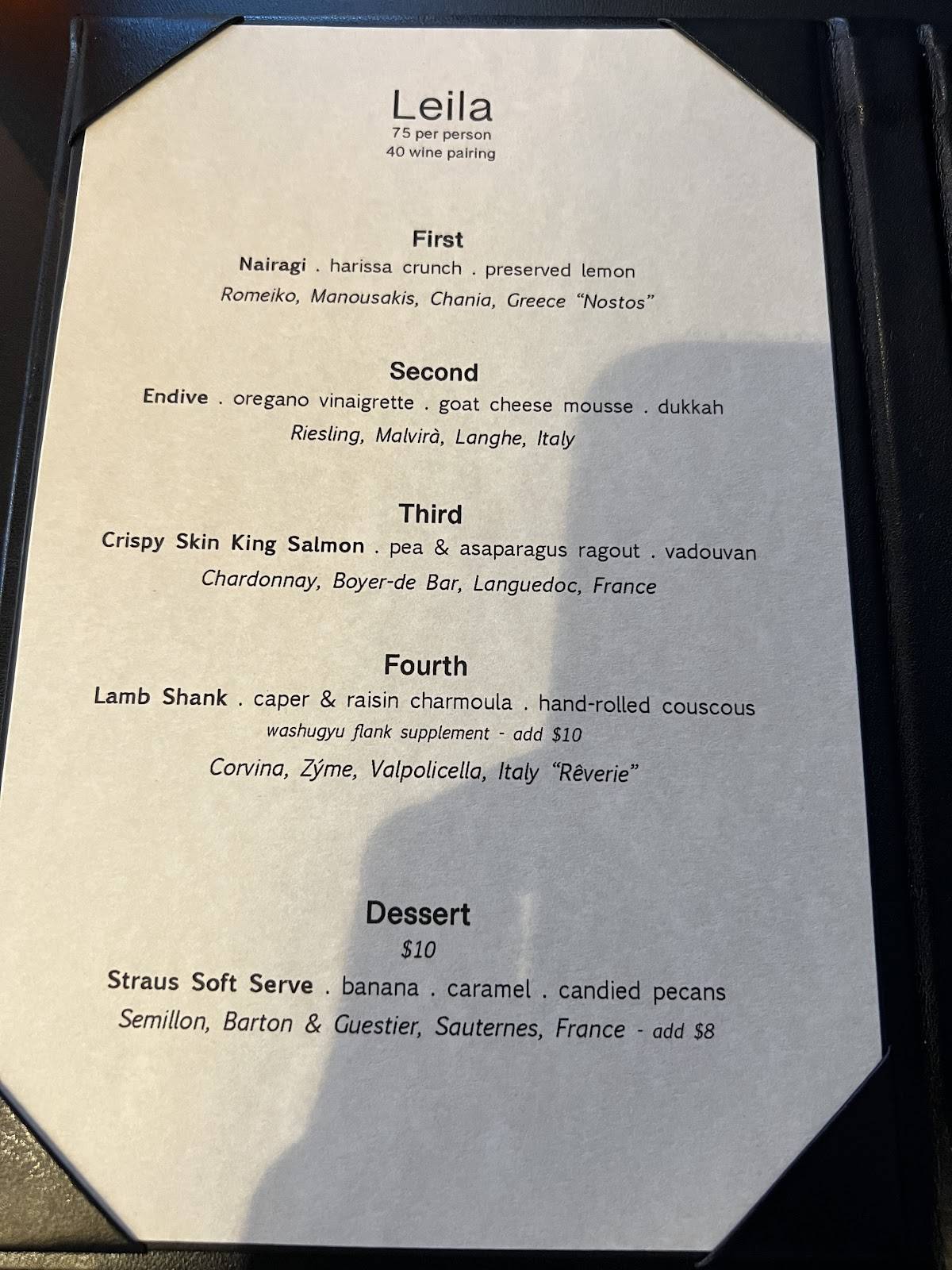 Carta del restaurante Leila, Honolulu