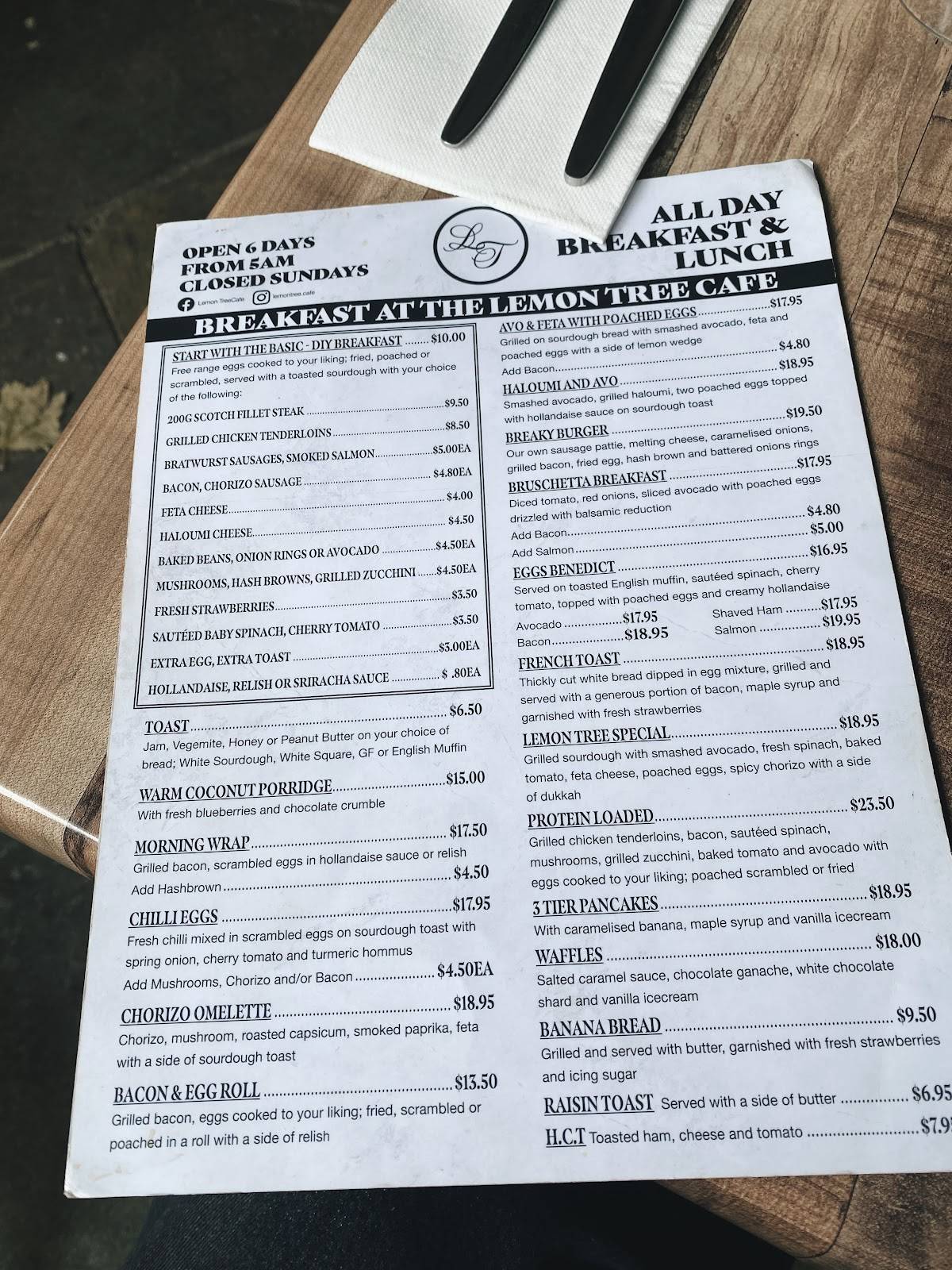 Menu at Lemon Tree Cafe, Shepparton