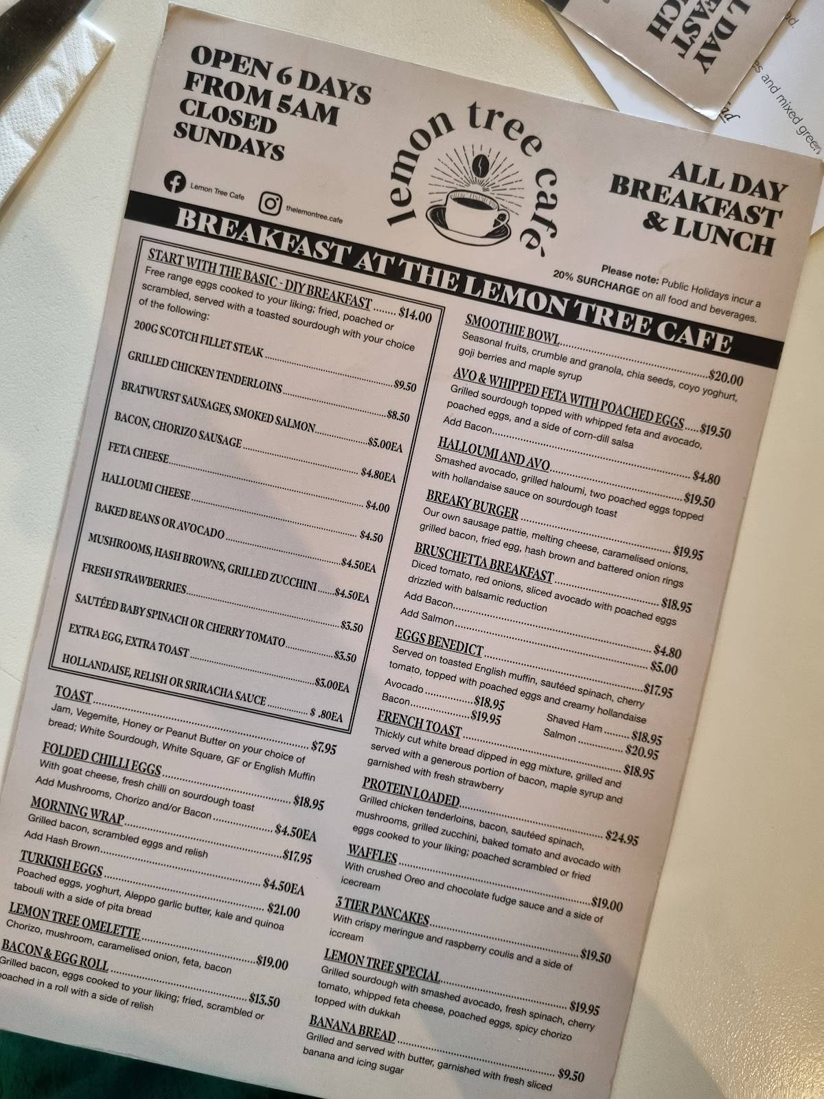 Menu at Lemon Tree Cafe, Shepparton
