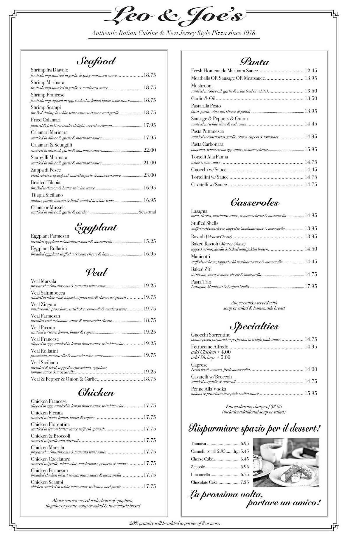 Menu at Leo & Joe's New Jersey Pizza and Restaurant, Hudson