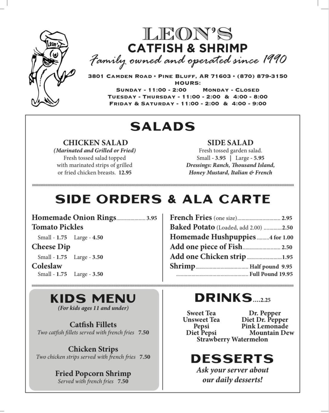 Menu at Leon's Catfish & Shrimp Restaurant, Pine Bluff, Chapel Village # 18