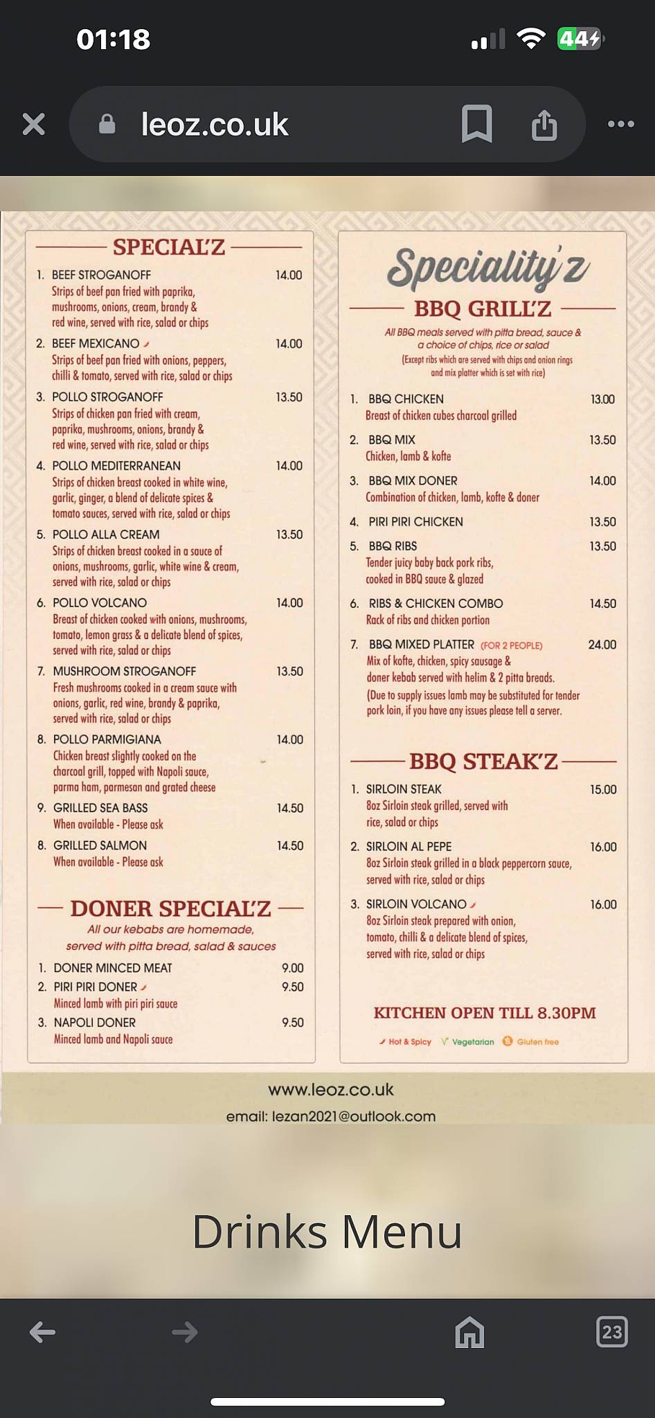 Menu at Leo'z restaurant, Bridlington