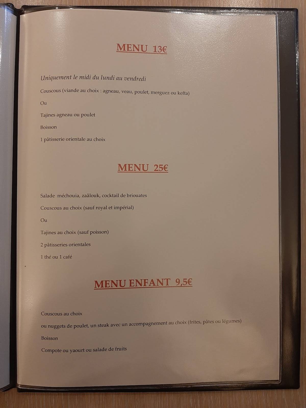 Carta del restaurante Les Délices del Shaïnez, Albi