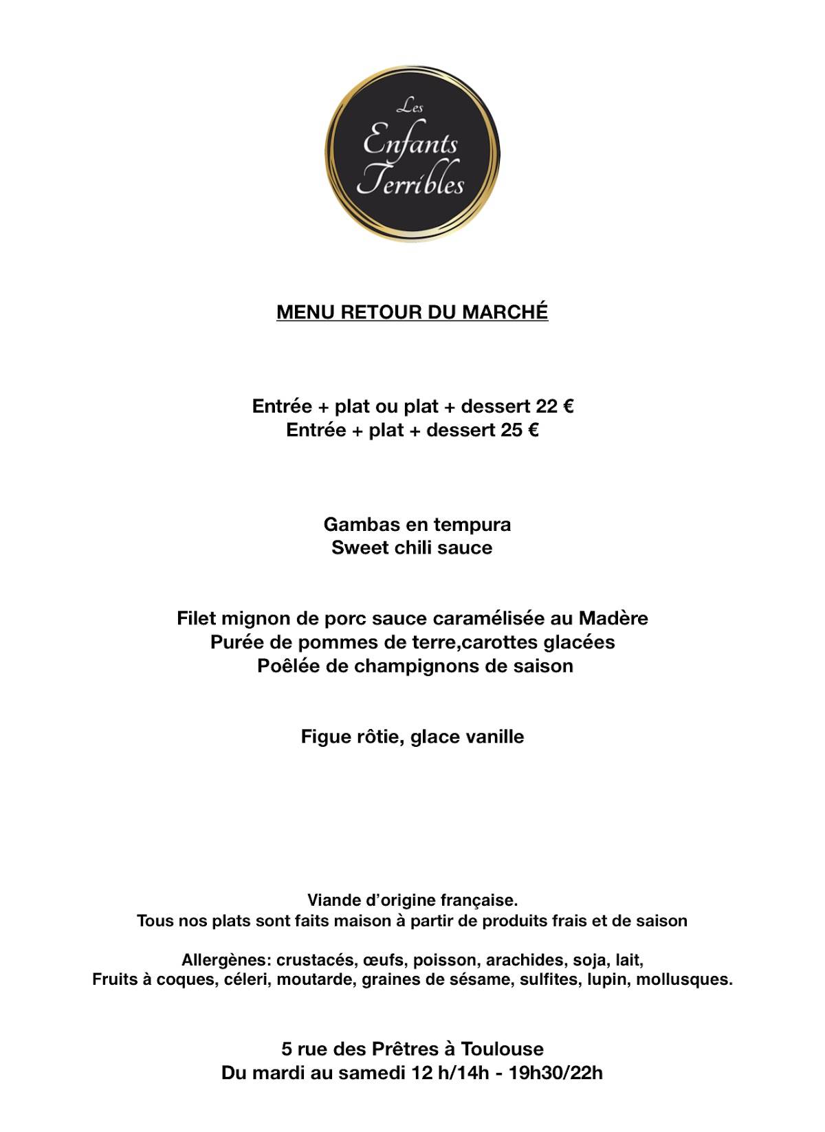 Menu au LES ENFANTS TERRIBLES restaurant, Toulouse