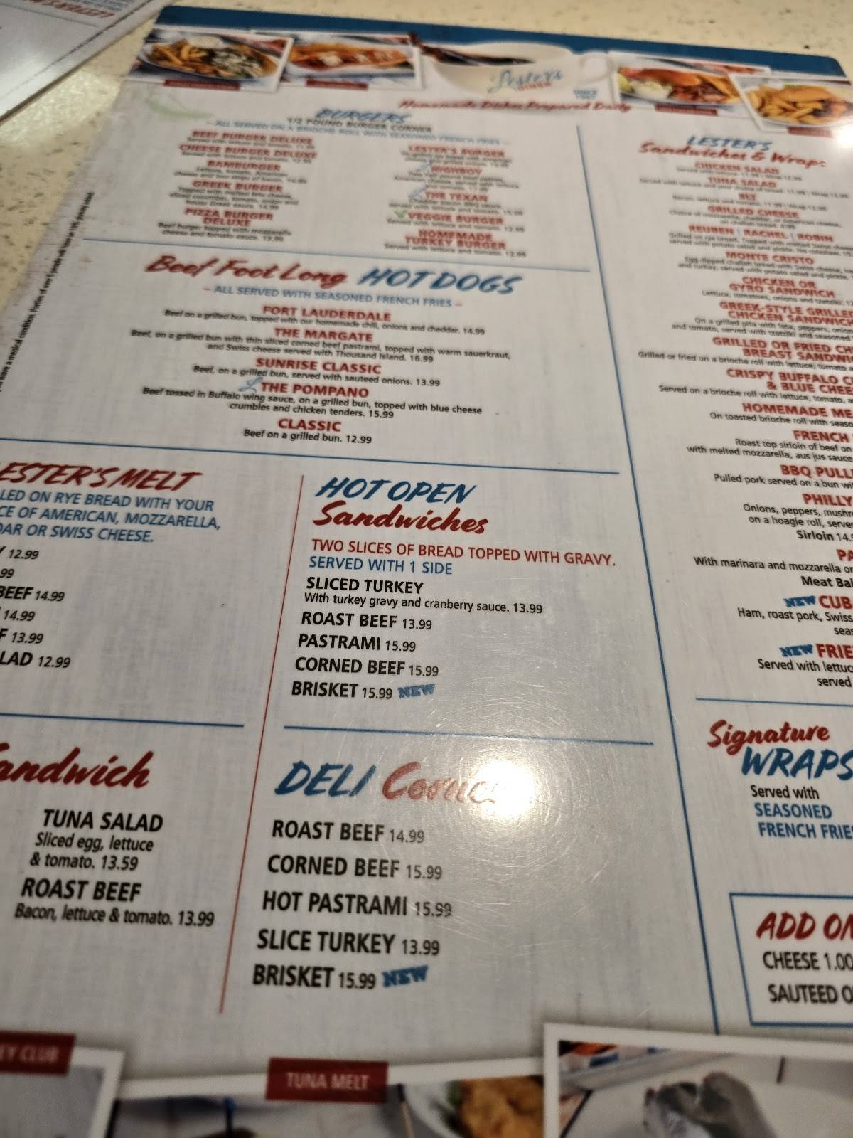 Menu at Lester's Diner restaurant, Margate, Coconut Creek Pkwy