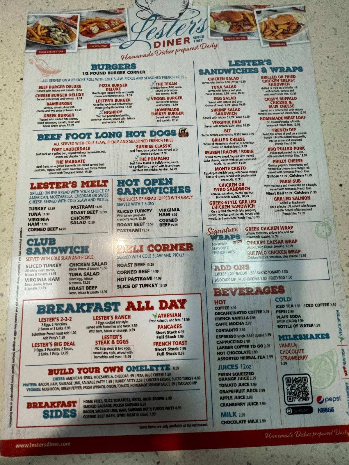 Menu at Lester's Diner restaurant, Margate, Coconut Creek Pkwy