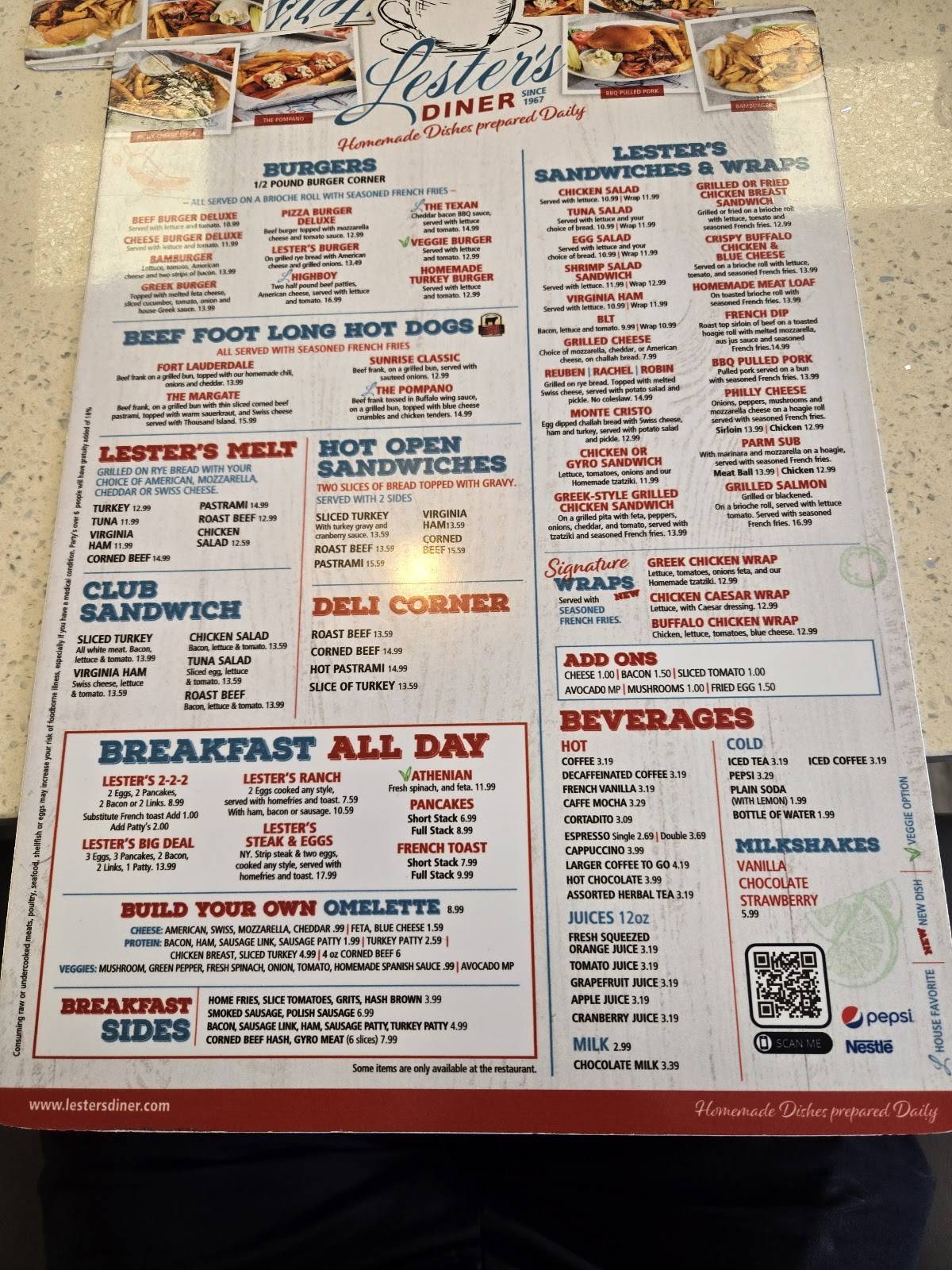 Menu at Lester's Diner restaurant, Margate, Coconut Creek Pkwy