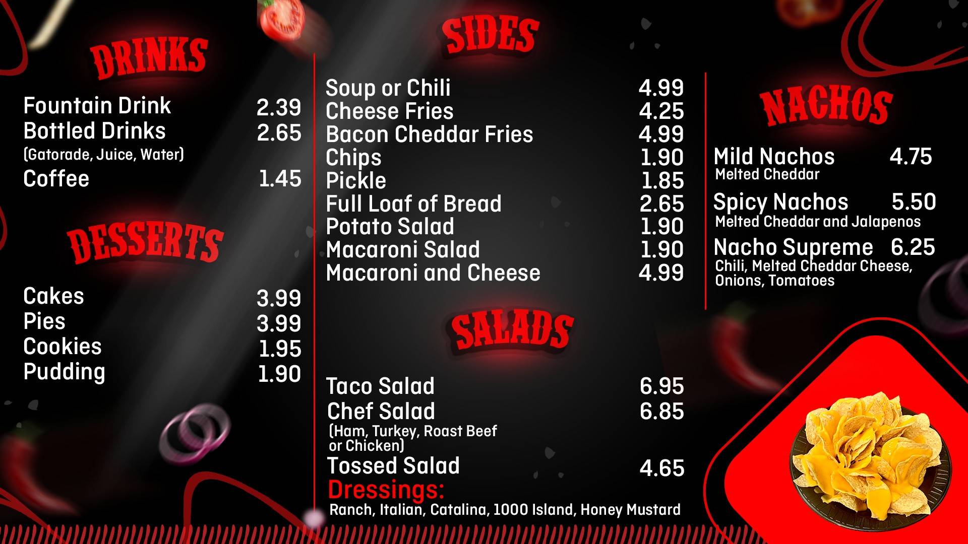 Menu at Lieber's Boxcar Express fast food, Galesburg