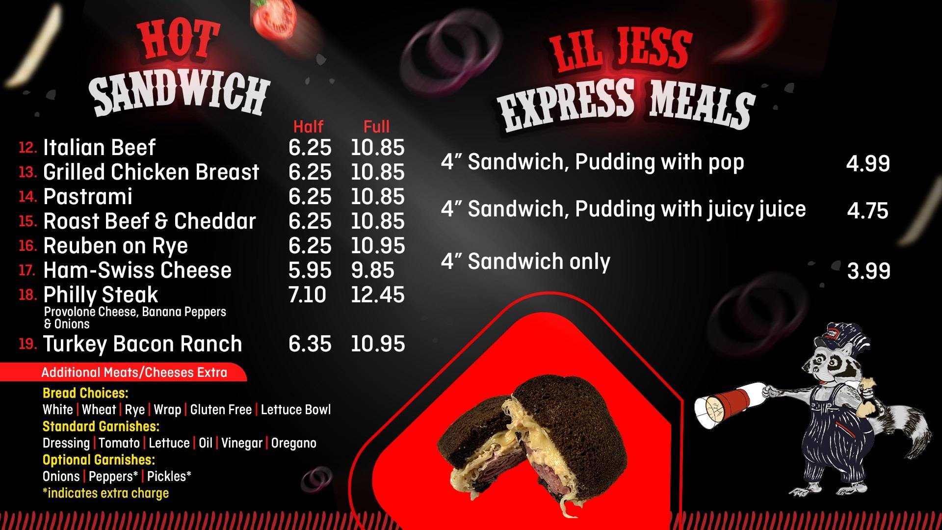 Menu at Lieber's Boxcar Express fast food, Galesburg
