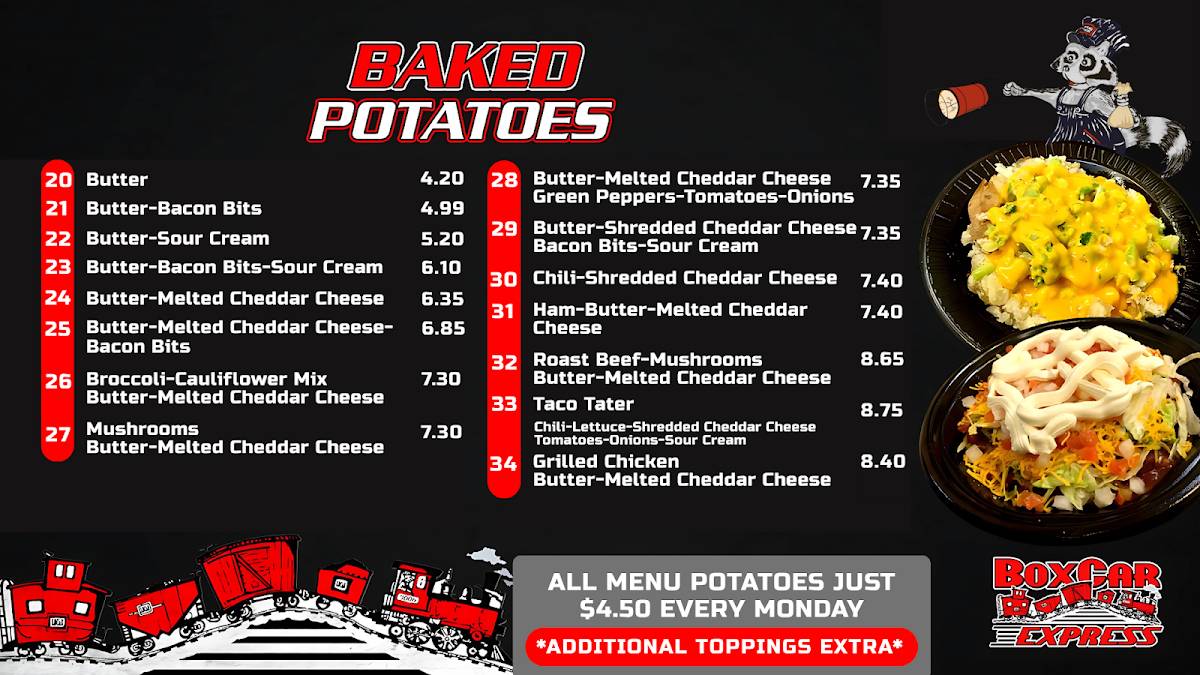 Menu at Lieber's Boxcar Express fast food, Galesburg