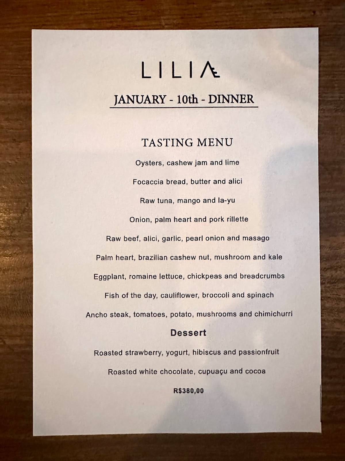 Menu at Lilia Restaurante, Rio de Janeiro