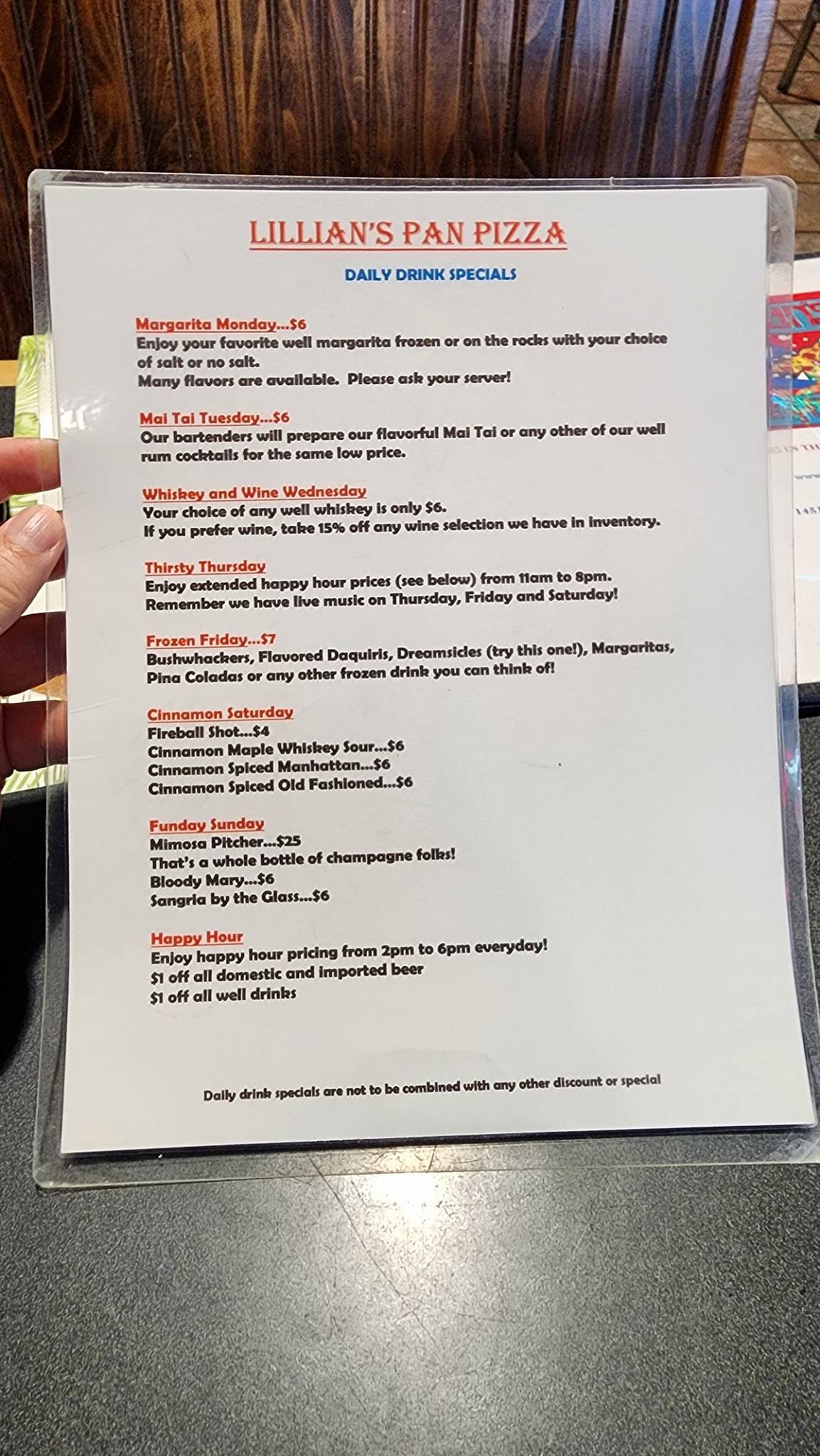 Menu at Lillian’s Pan Pizza restaurant, Perdido Key