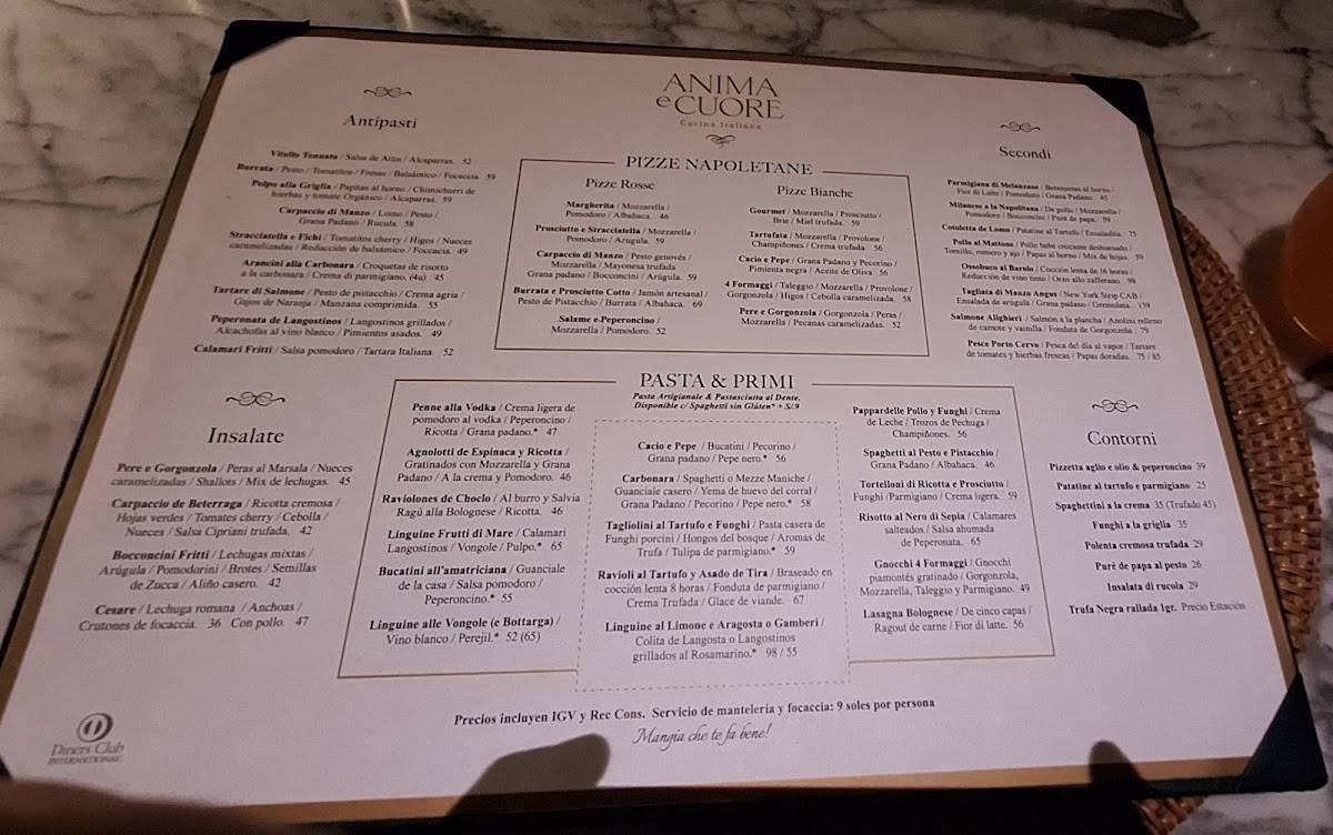 Carta del restaurante Anima e Cuore, San Isidro