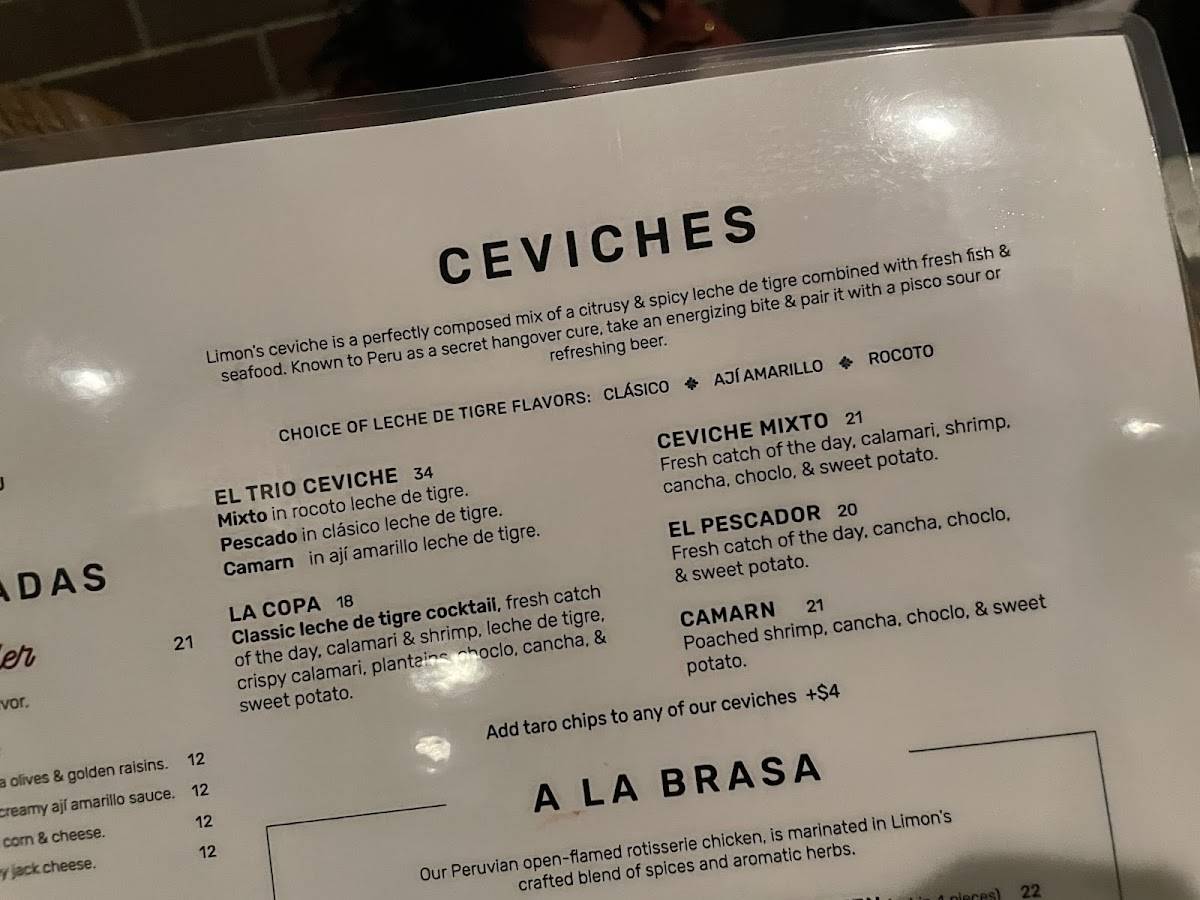 Menu at Limón restaurant, San Francisco, S Van Ness Ave