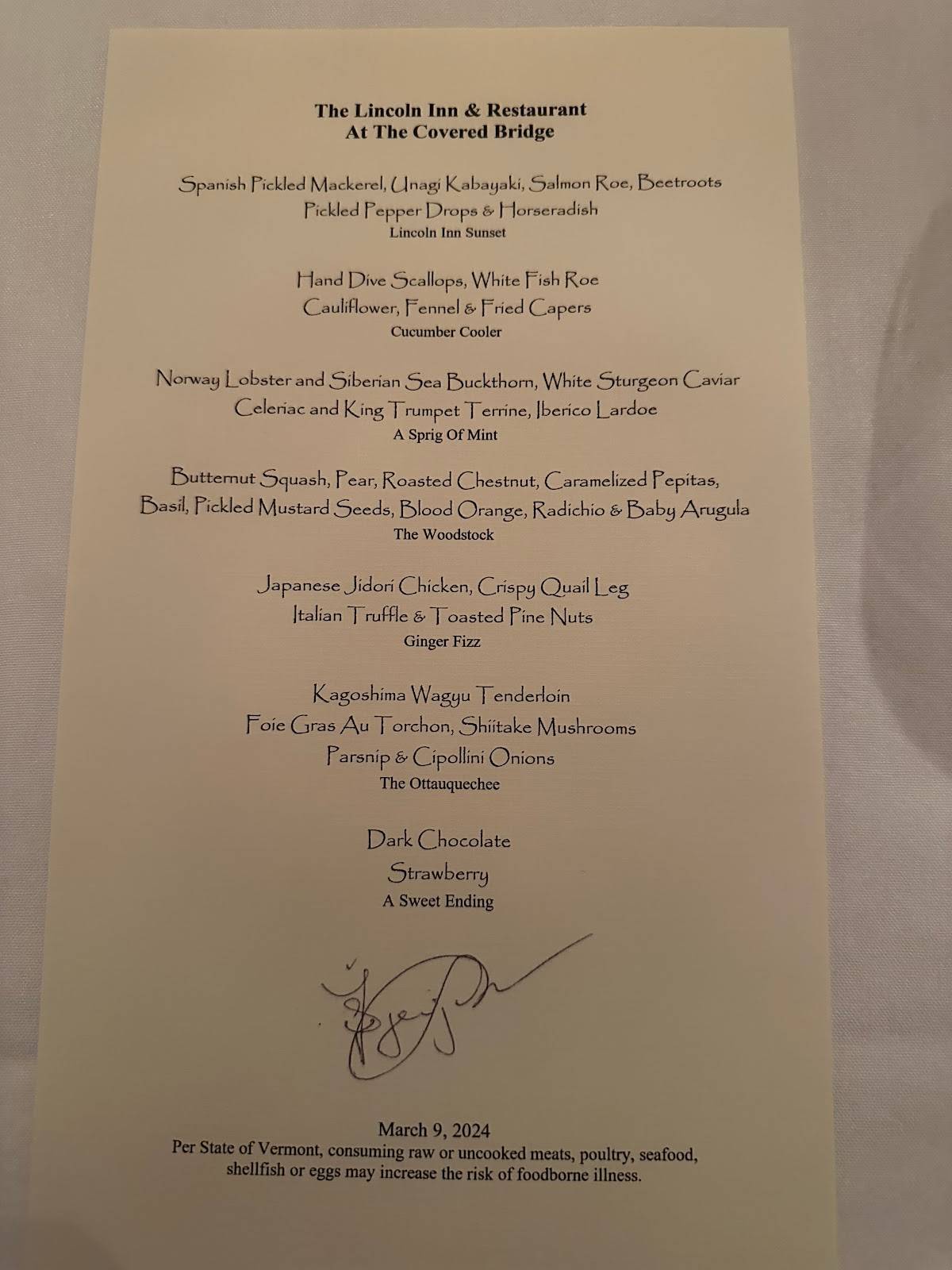 Menu at Lincoln Inn & Restaurant at the Covered Bridge, Woodstock