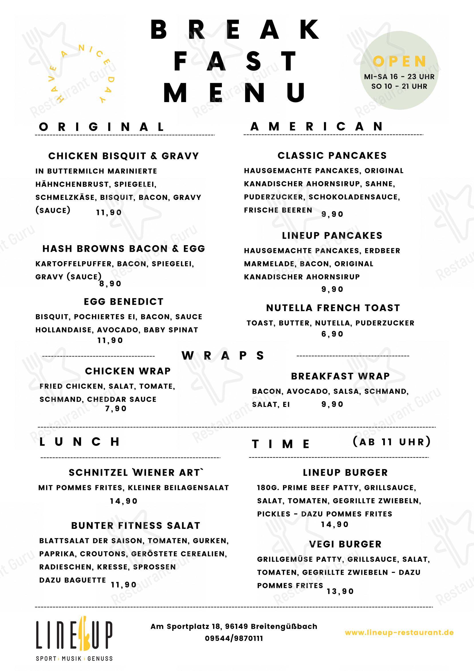 Speisekarte von Lineup restaurant, Breitengüßbach