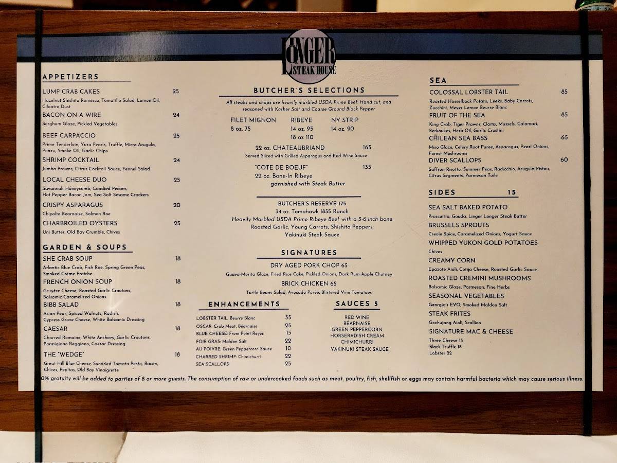 Menu at Linger Longer Steakhouse, USA