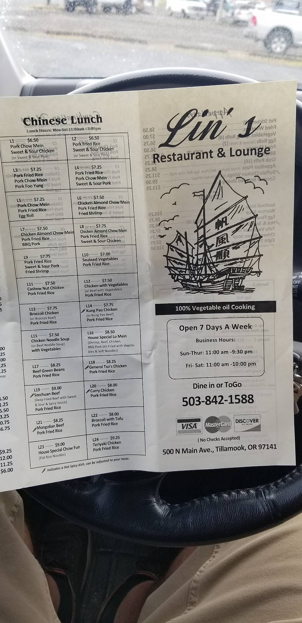 Menu at Lin's Restaurant, Tillamook